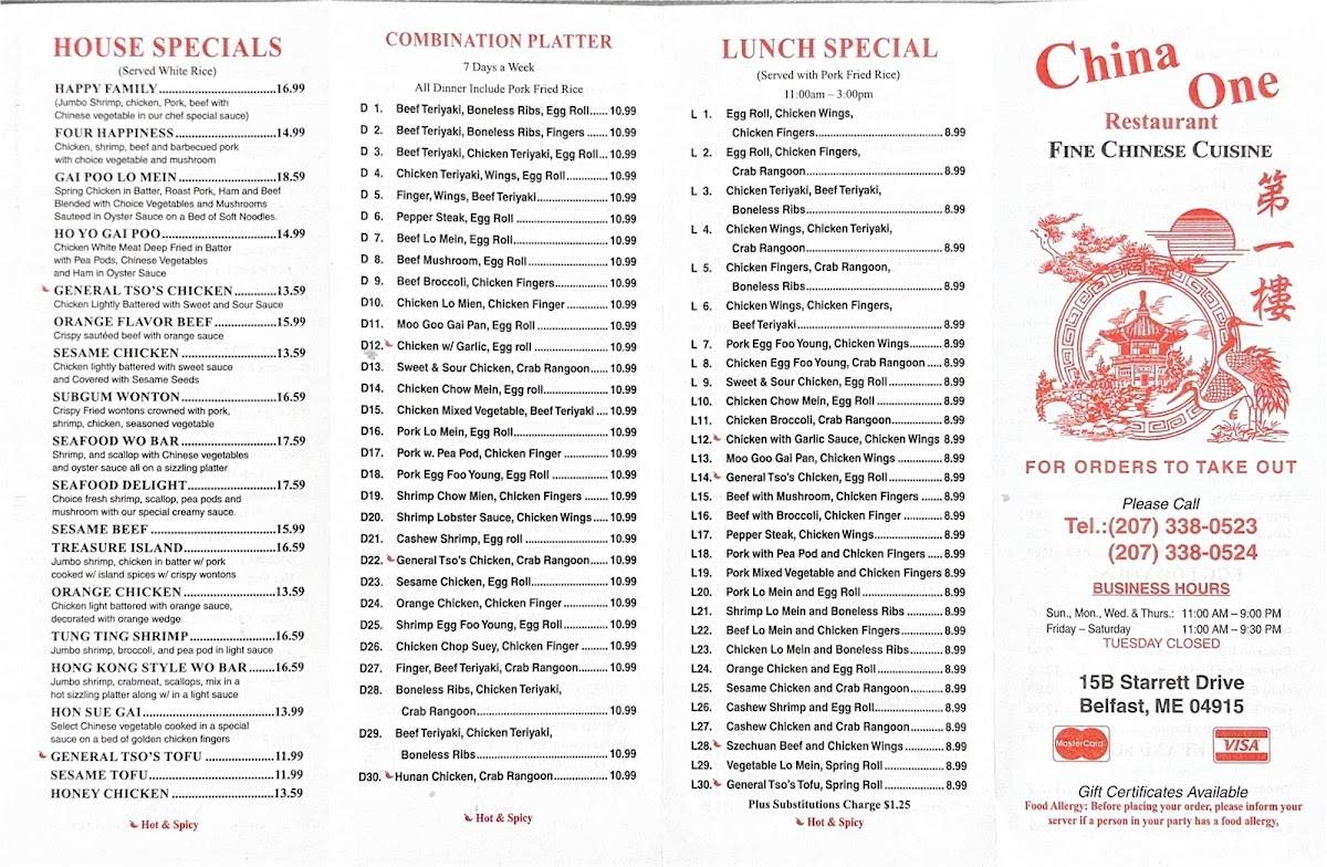 Menu at China One restaurant, Belfast