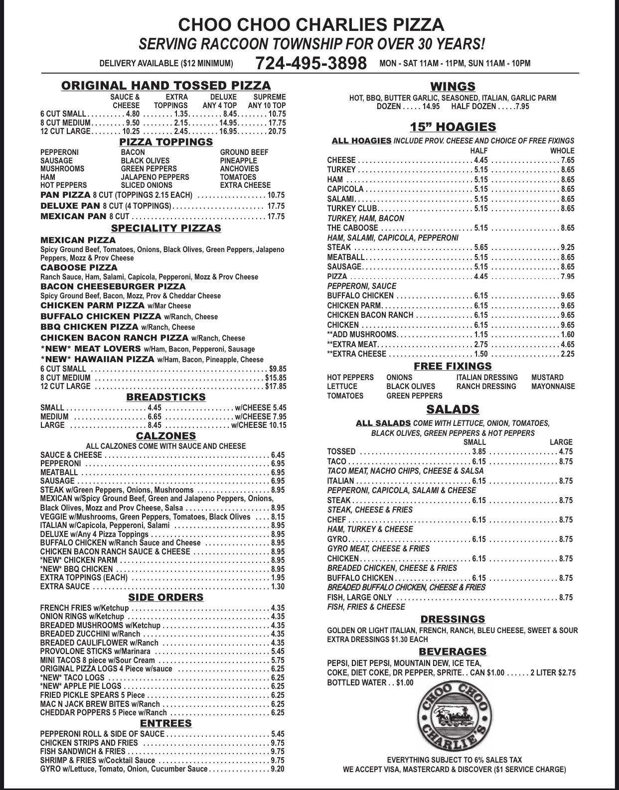 Menu at Choo Choo Charlie's pizzeria, USA