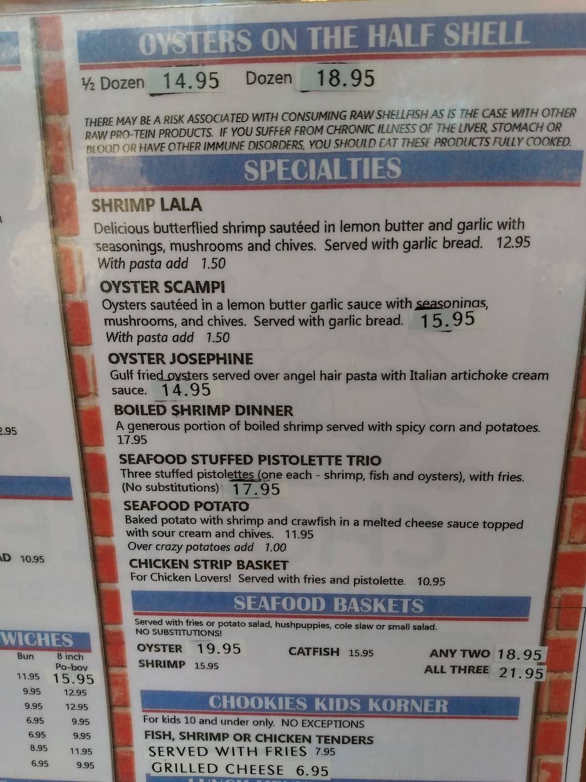 Menu at Chookies Seafood and Oyster Bar, Hammond, University Park Dr
