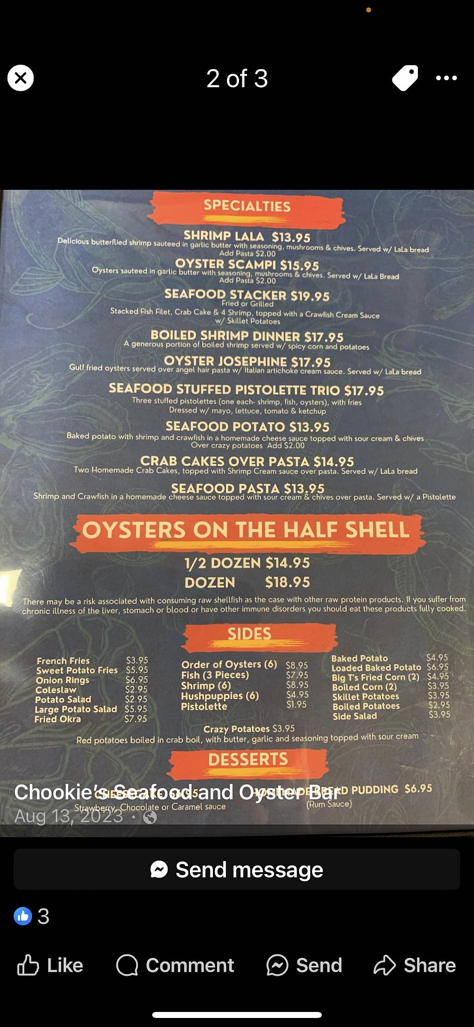 Menu at Chookies Seafood and Oyster Bar, Hammond, University Park Dr