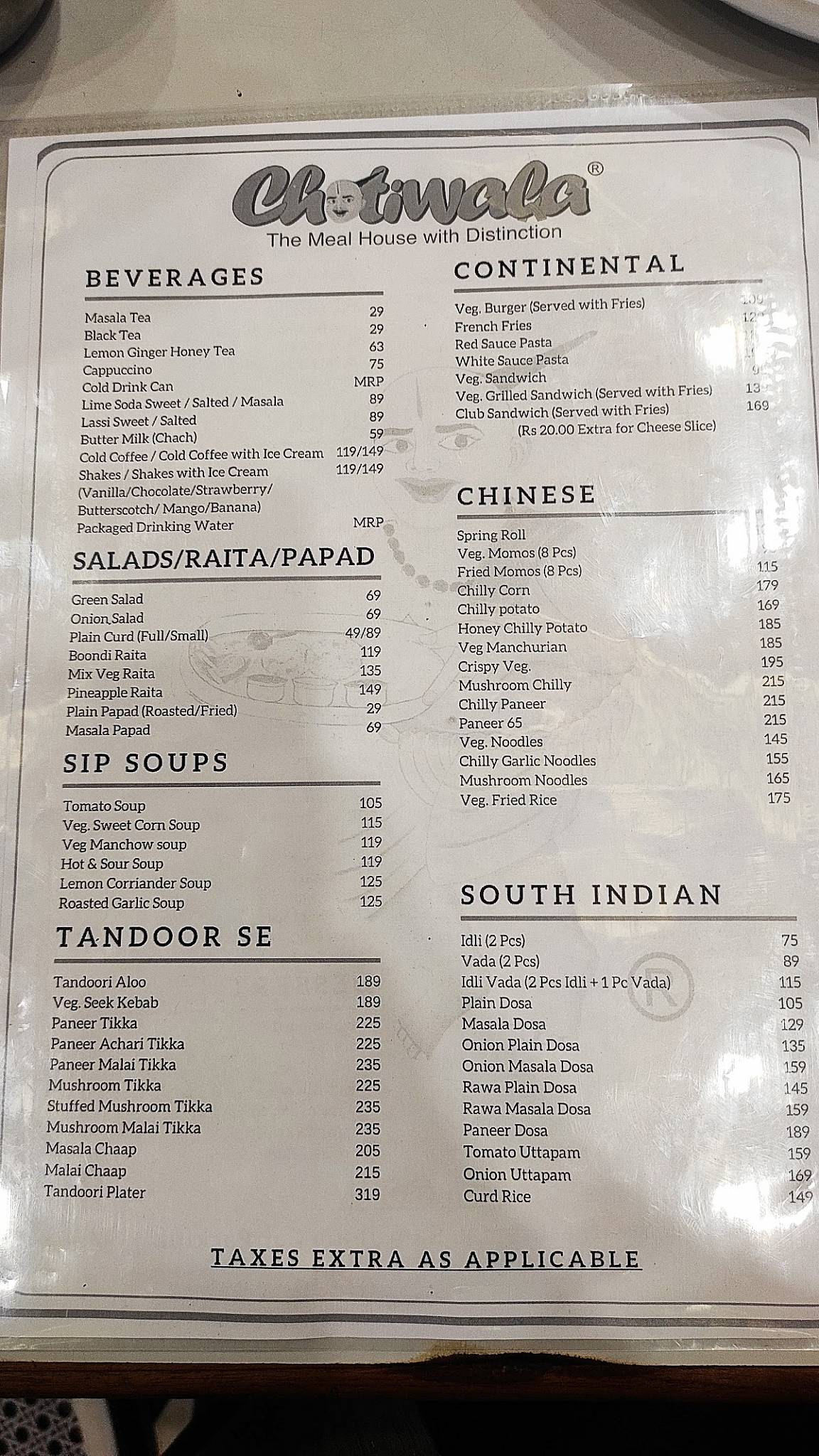 Menu at Chotiwala, Rishikesh, Swarg Ashram