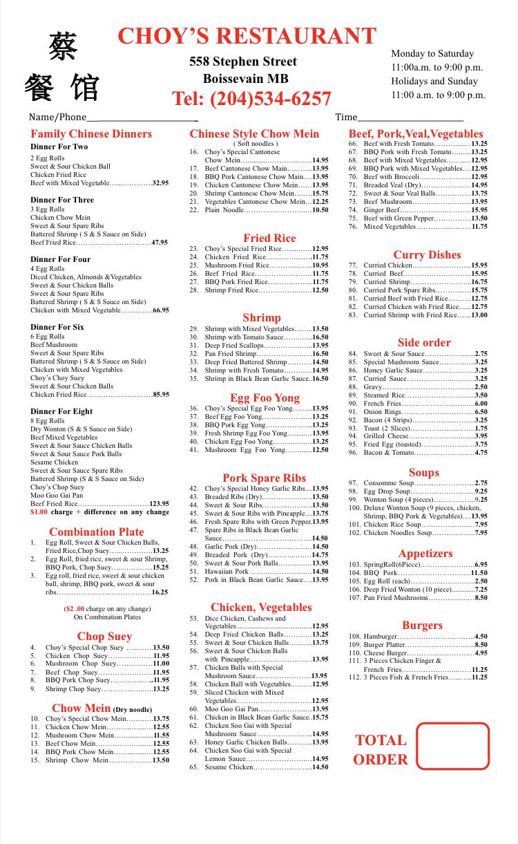 Menu at Choy's Restaurant, Boissevain