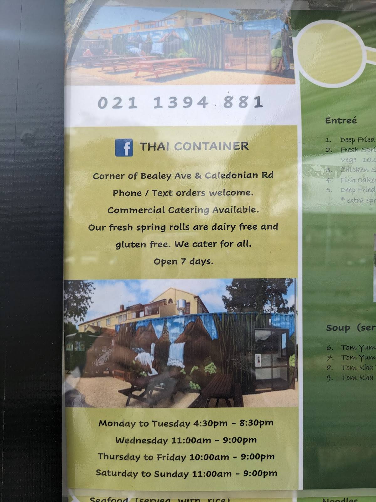Menu at Thai Container restaurant, Christchurch, 151 Bealey Ave