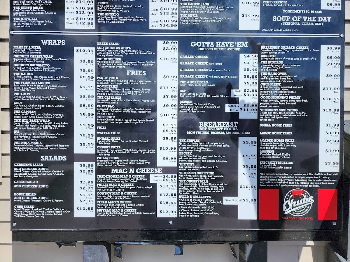 Menu at Chubs Burgers Burritos and Heroes restaurant, Farmingville