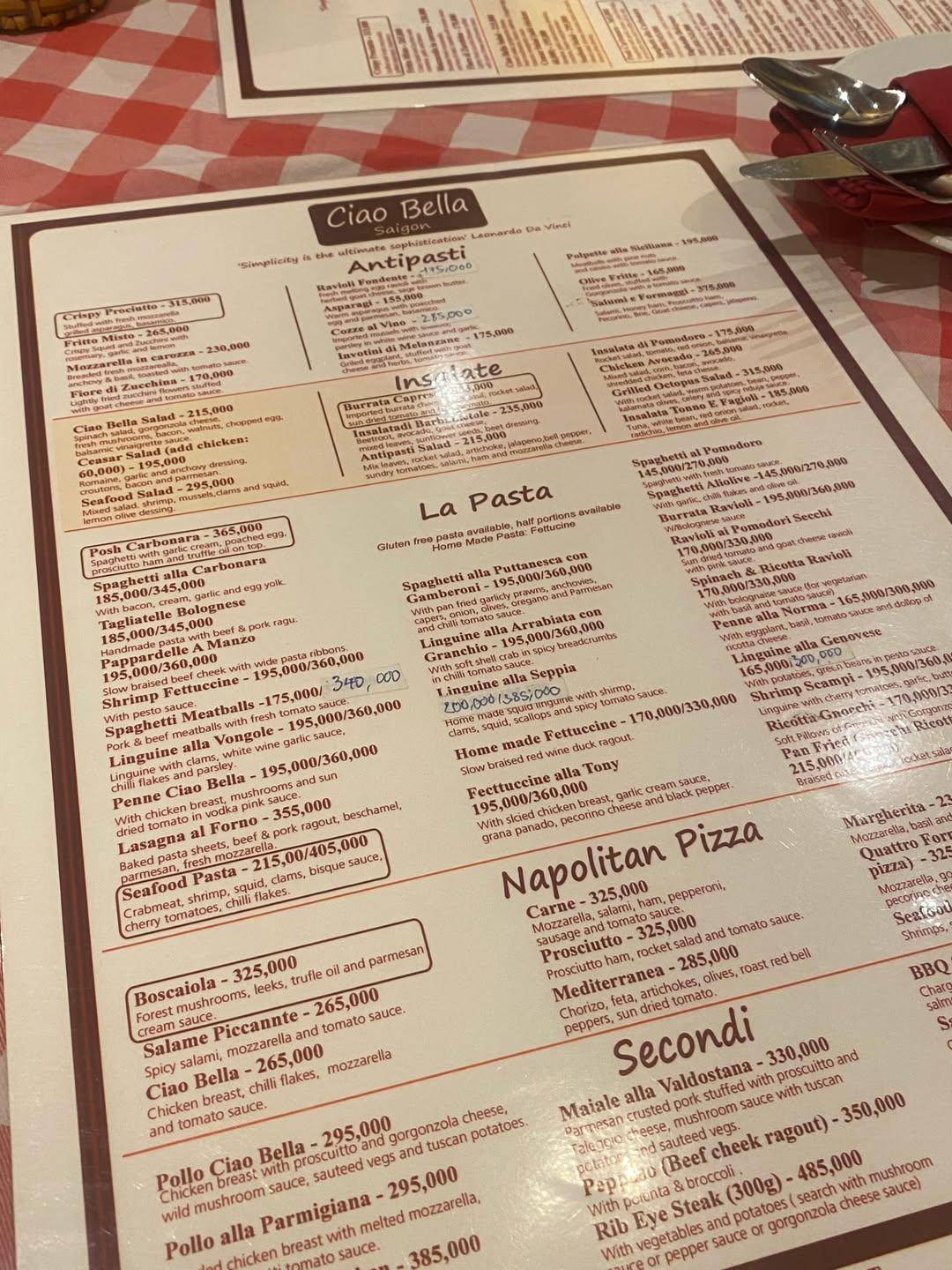 Menu at Ciao Bella restaurant, Ho Chi Minh City, 39 Võ Trường Toản