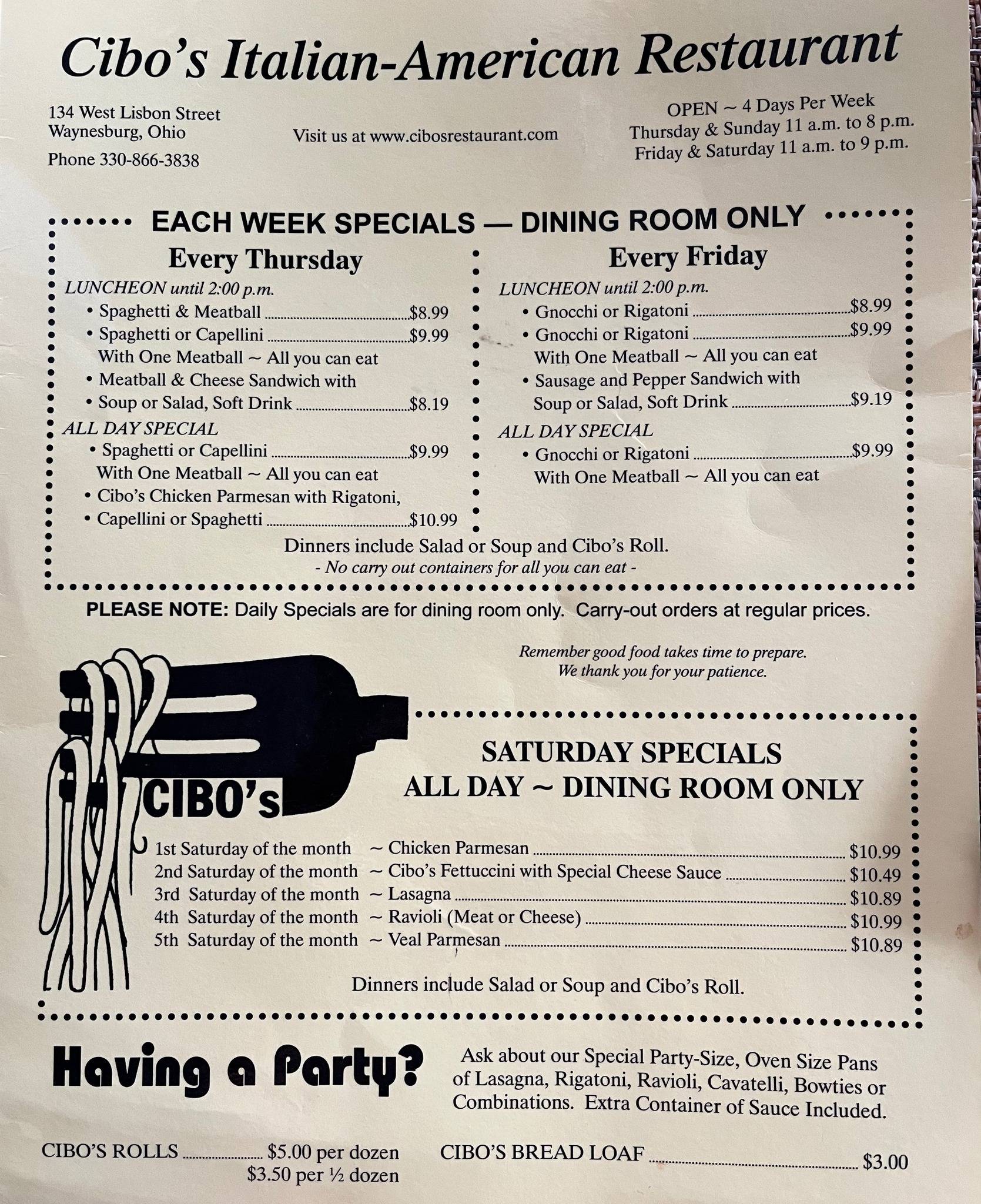 Menu at Cibo's Restaurant, Waynesburg