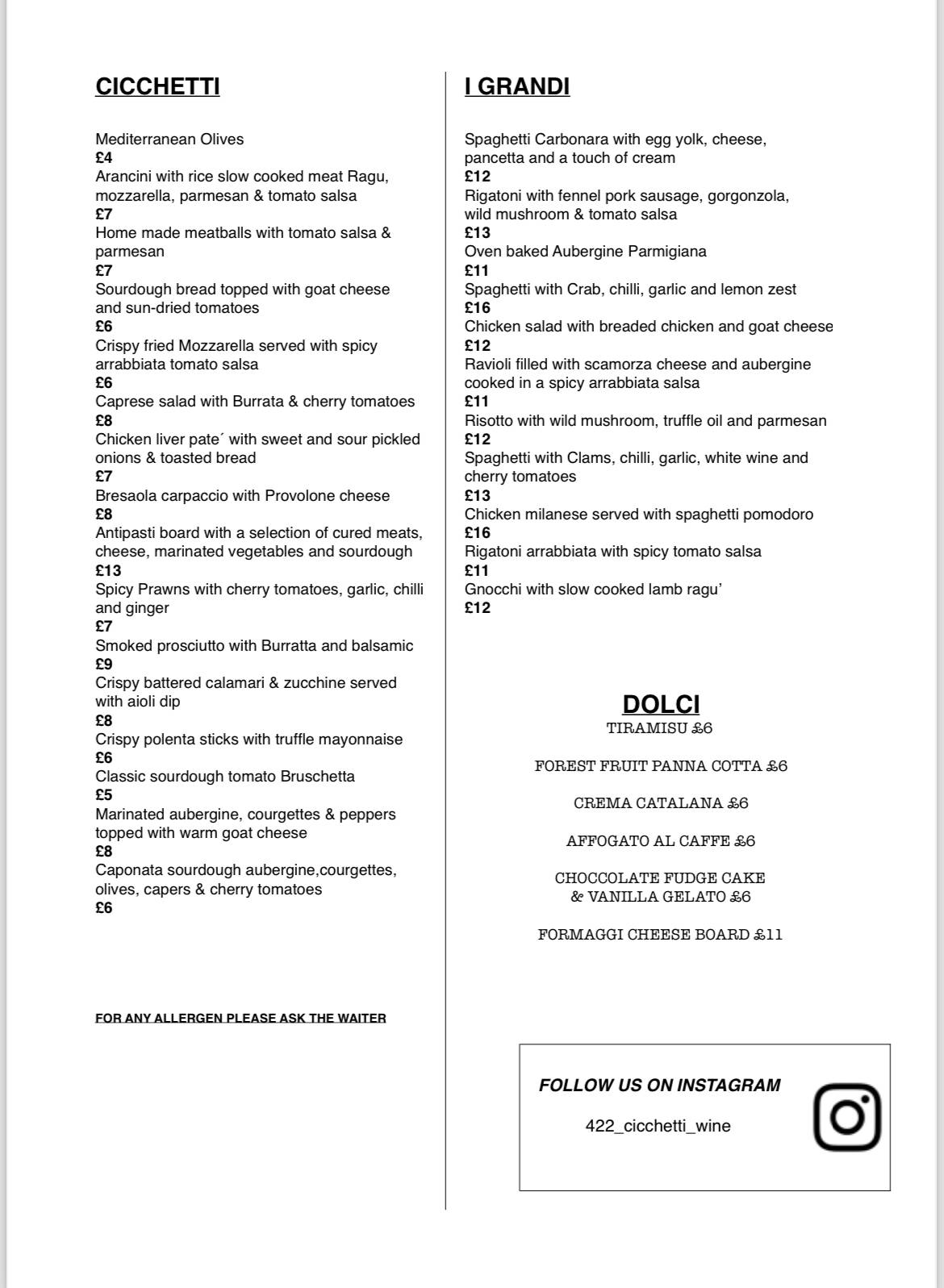 Menu at Cicchetti & Wine restaurant, London