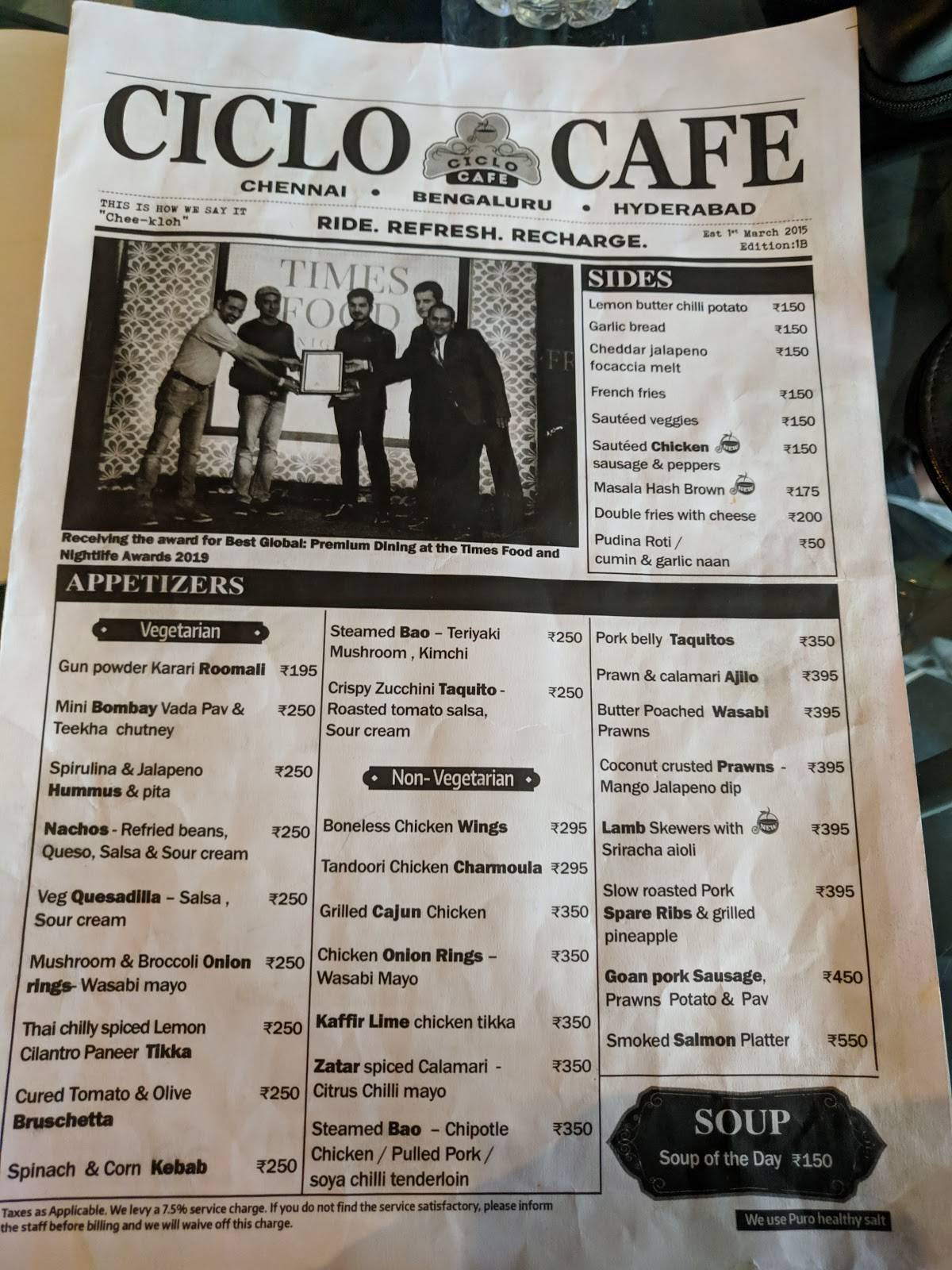Menu at Ciclo Cafe & Bicycle Shop, Bengaluru