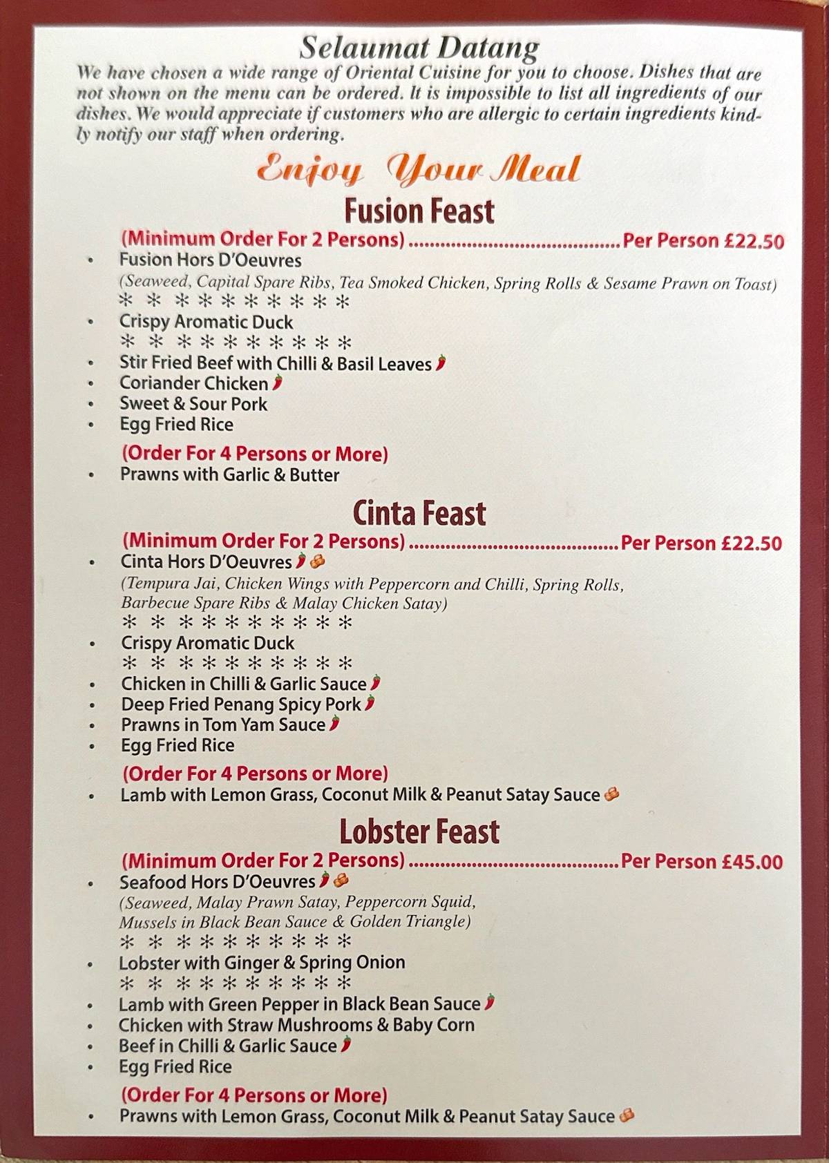 Menu at Cinta restaurant, Godmanchester