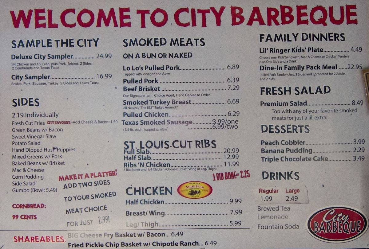 Menu at City Barbeque, Lexington, Richmond Rd