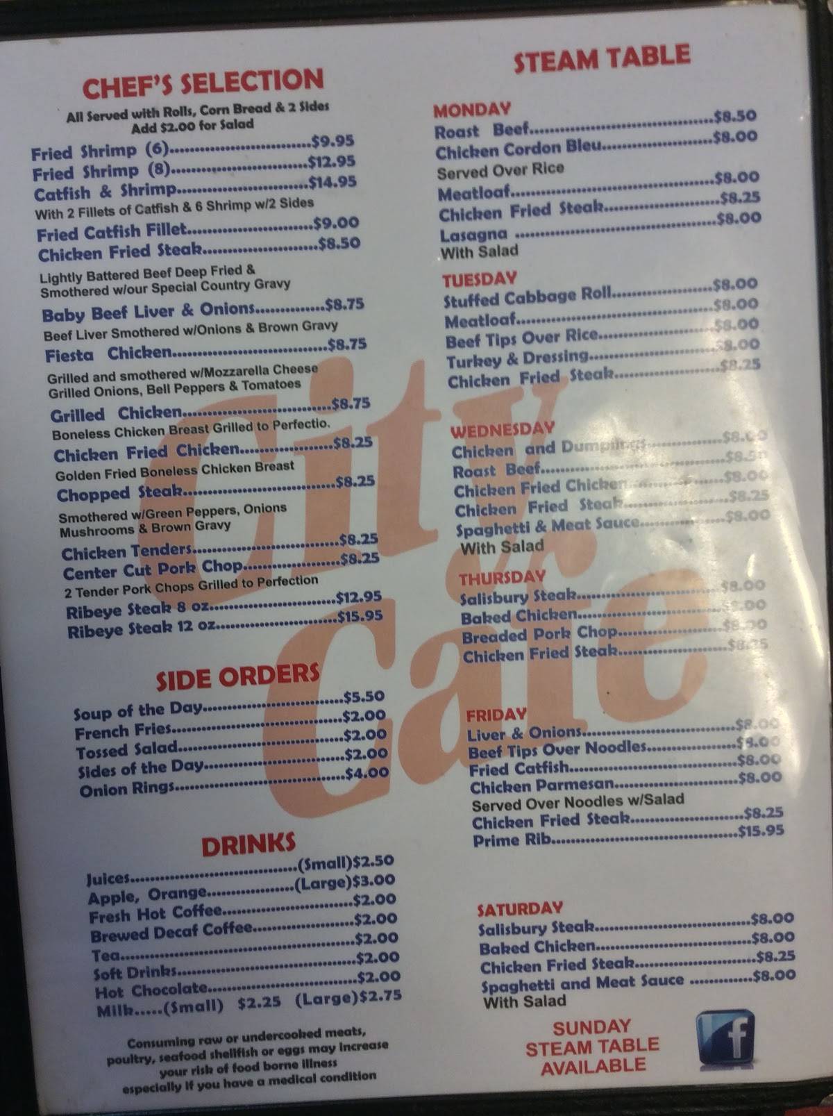 Menu at City Cafe, South Houston, 513 College Ave
