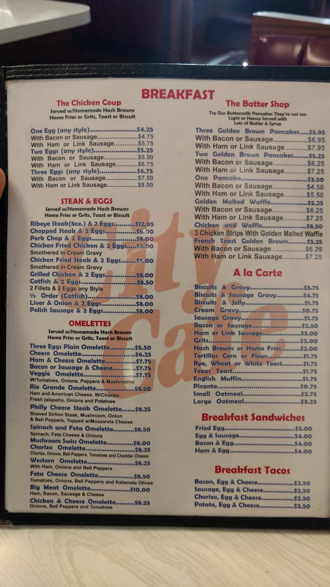Menu at City Cafe, South Houston, 513 College Ave