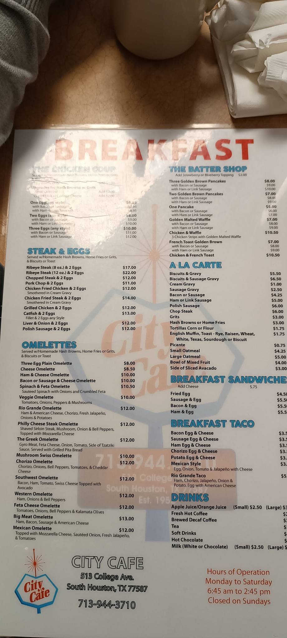 Menu at City Cafe, South Houston, 513 College Ave