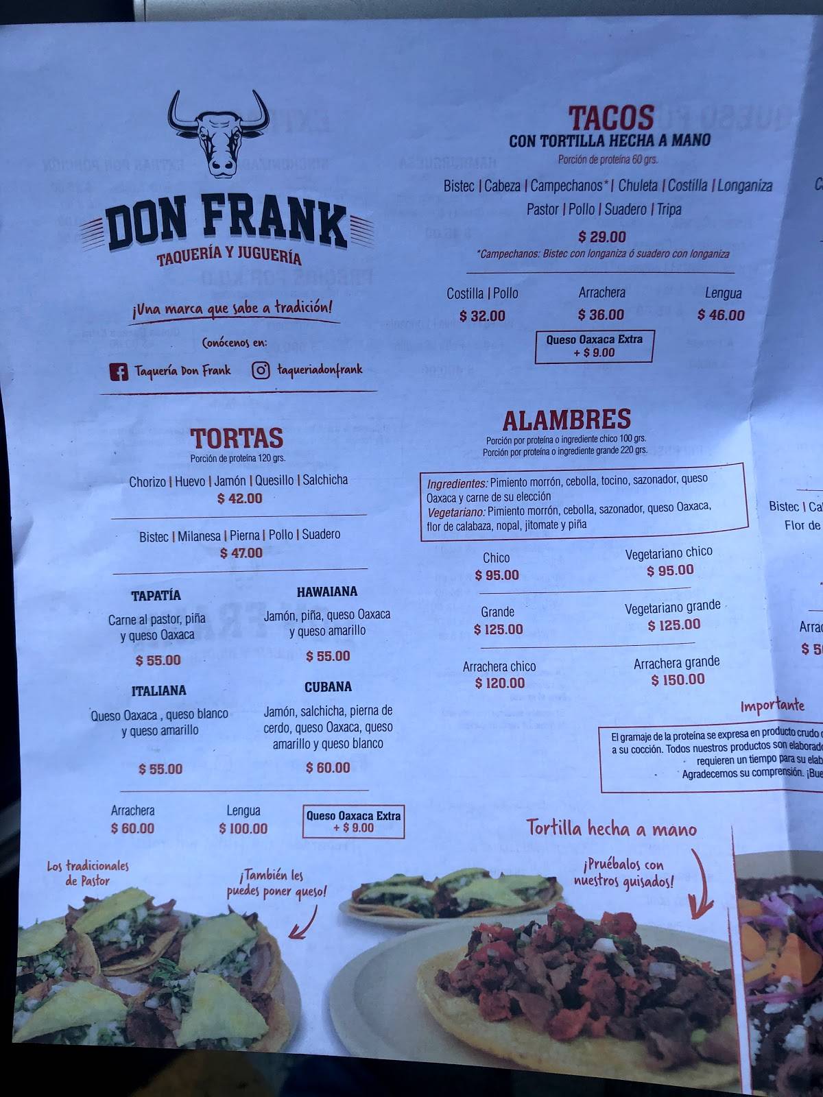 Carta del restaurante Taquería Don Frank, Ciudad del México, Río del ...
