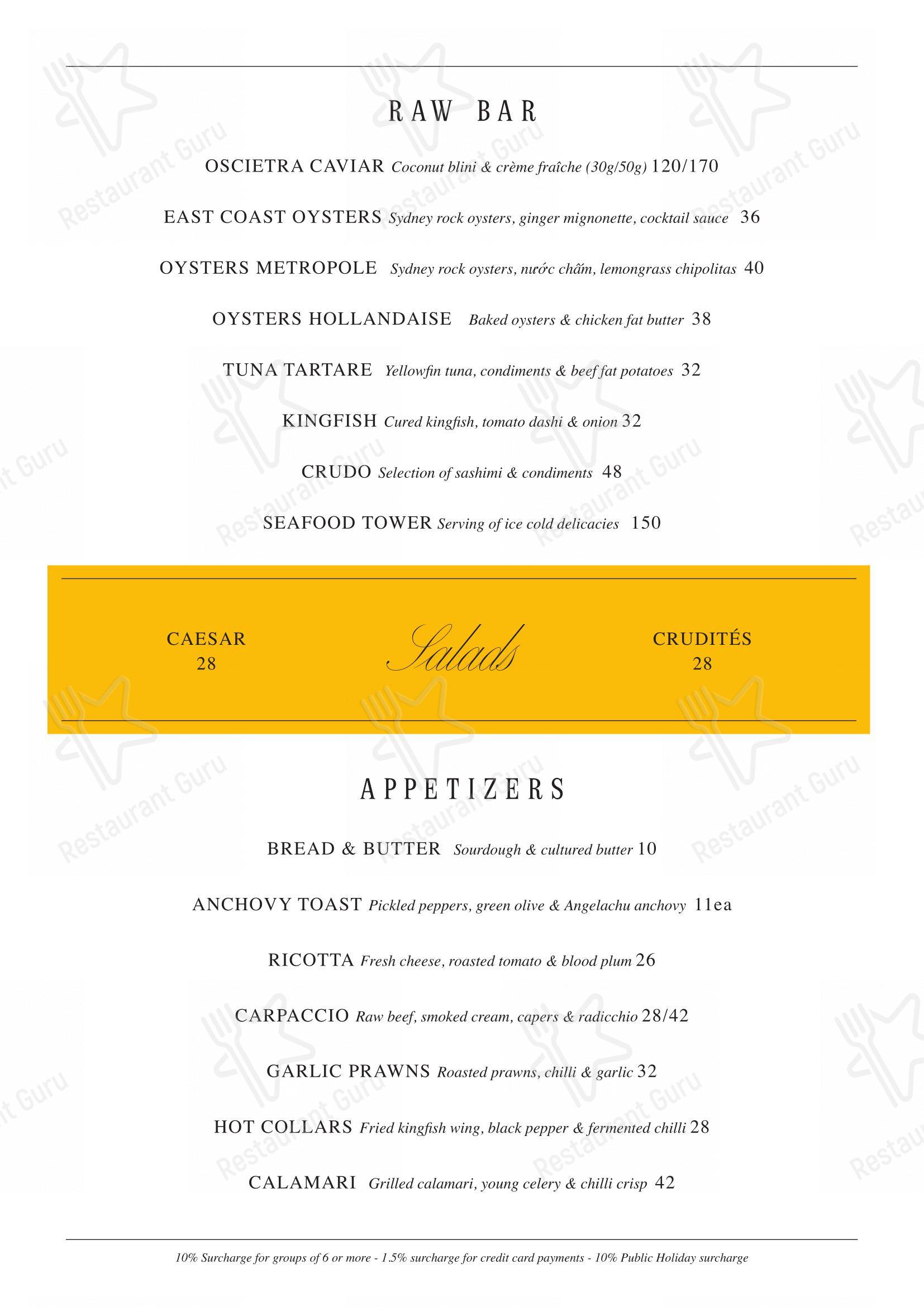 Menu at Clam Bar, Sydney