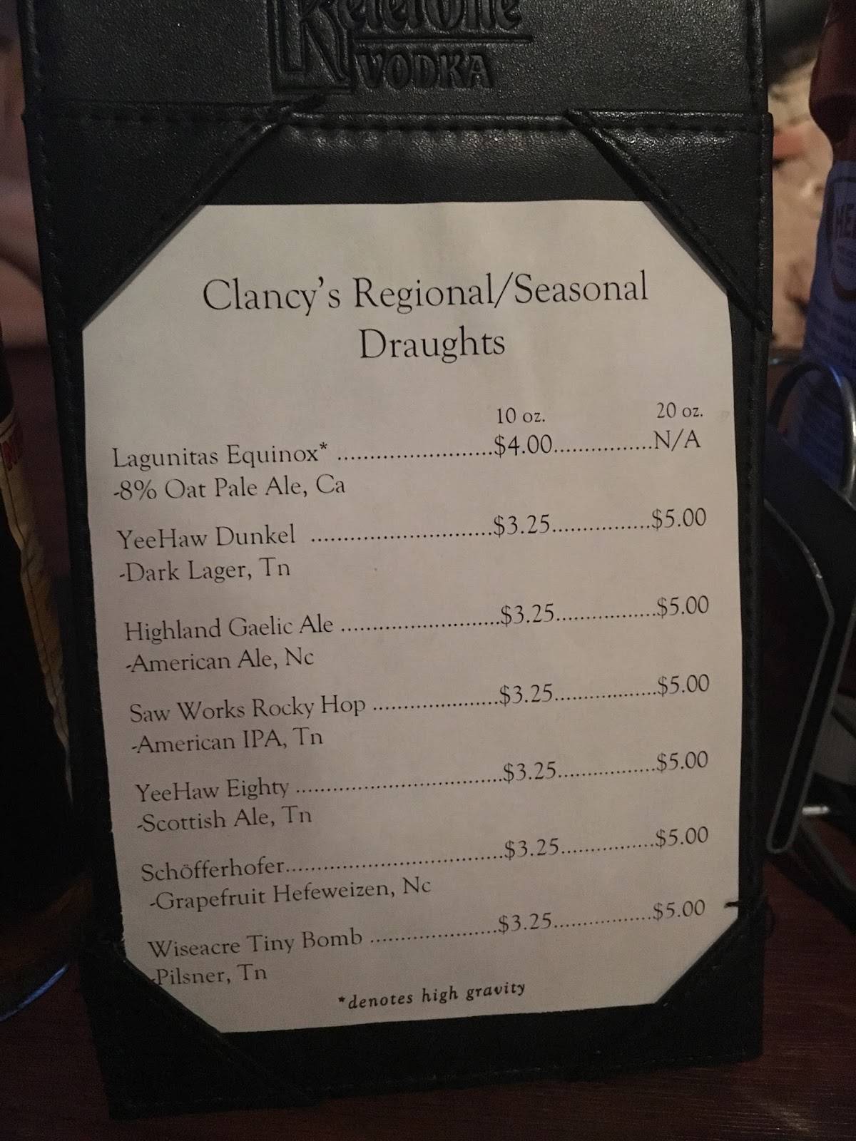 Menu at Clancy's Tavern & Whiskey House pub & bar, Knoxville