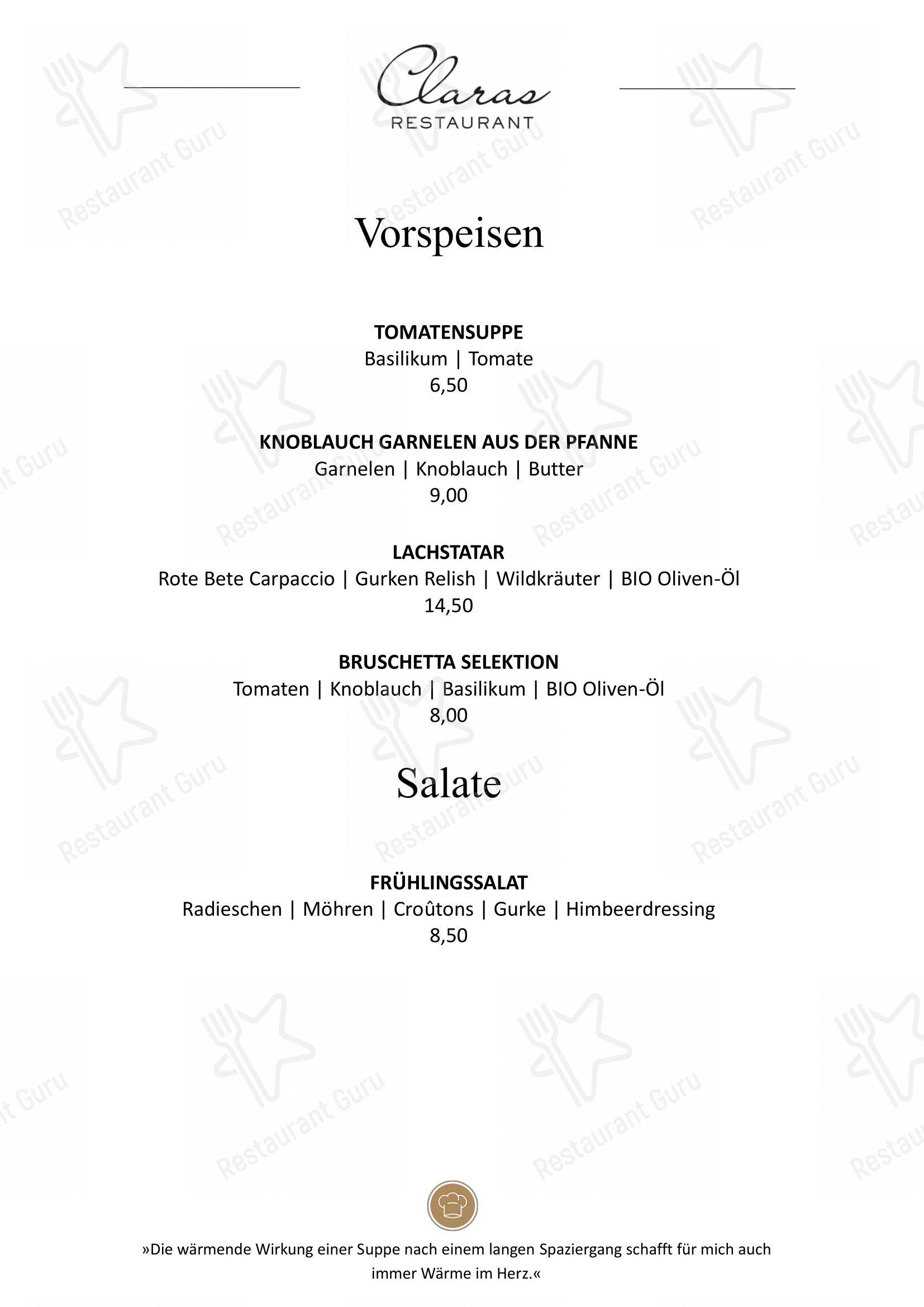 Speisekarte von Claras Restaurant, Wolfsburg