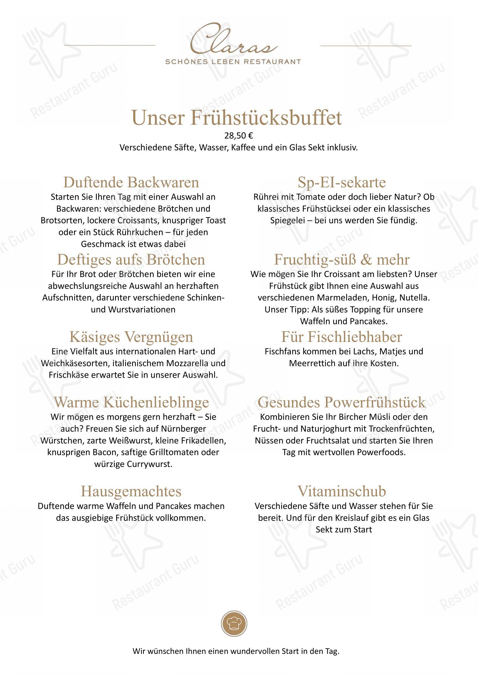 Speisekarte von Claras Schönes Leben Restaurant, Wolfsburg