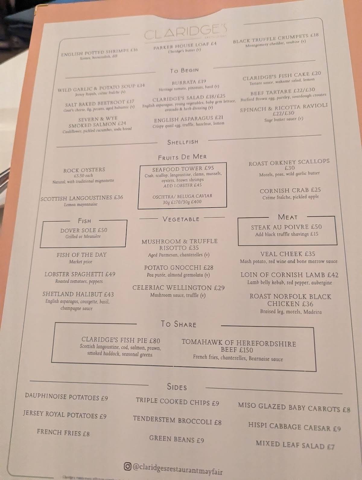 Menu at Claridge's Restaurant, London