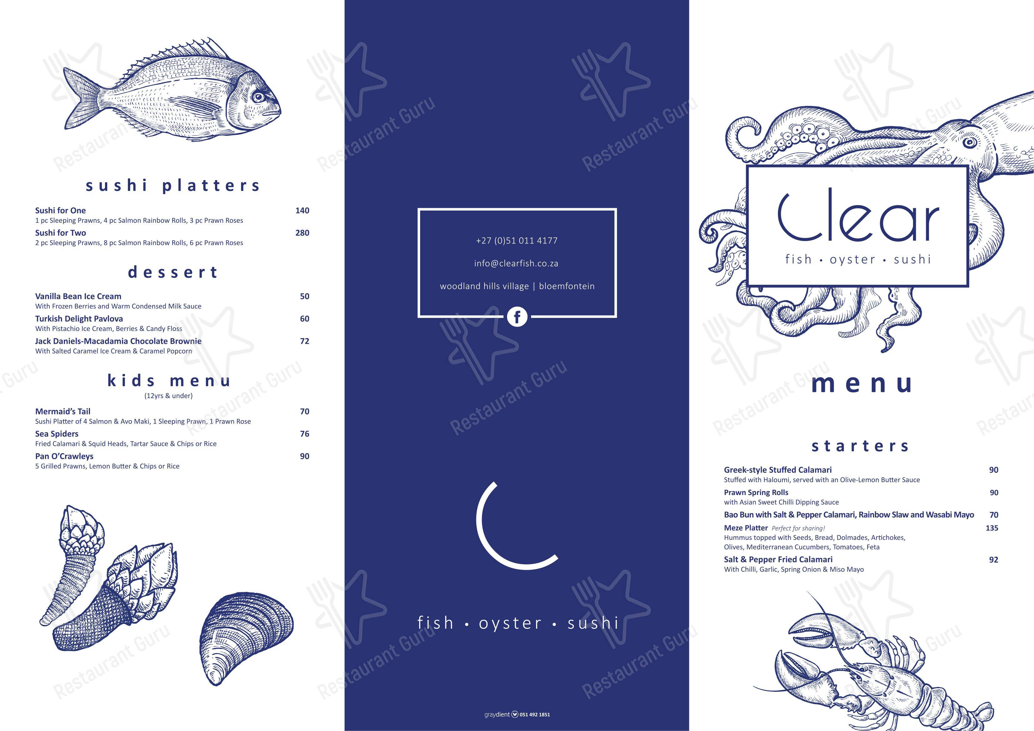 Menu at Clear Restaurant, Bloemfontein