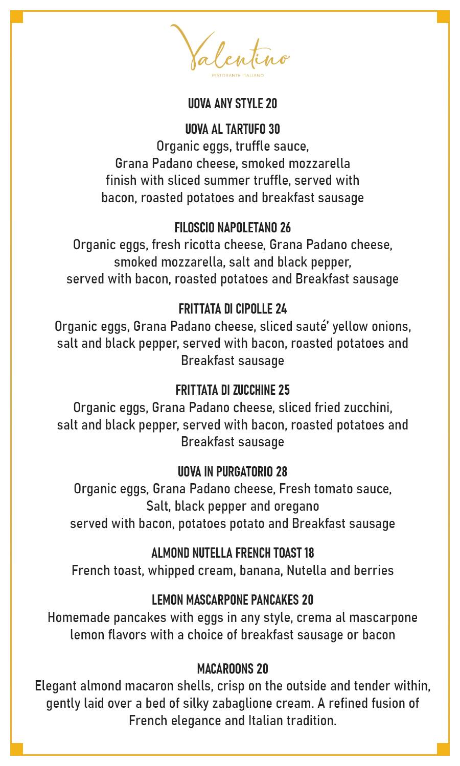 Menu at Valentino Ristorante Italiano restaurant, Clearwater