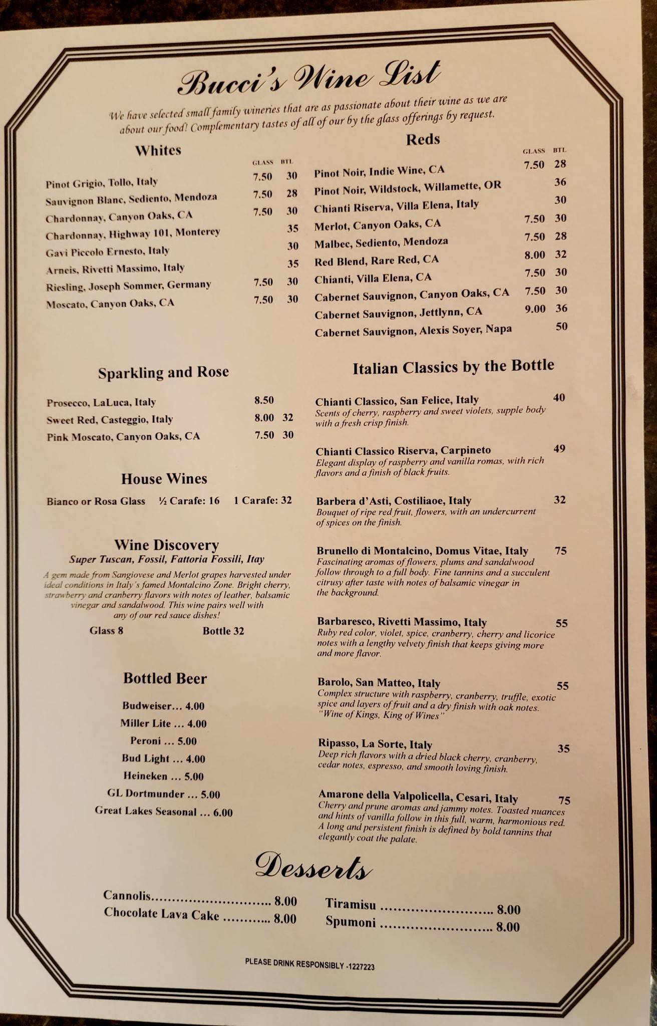 Menu at Bucci's Italian Restaurant, Rocky River, Hilliard Blvd
