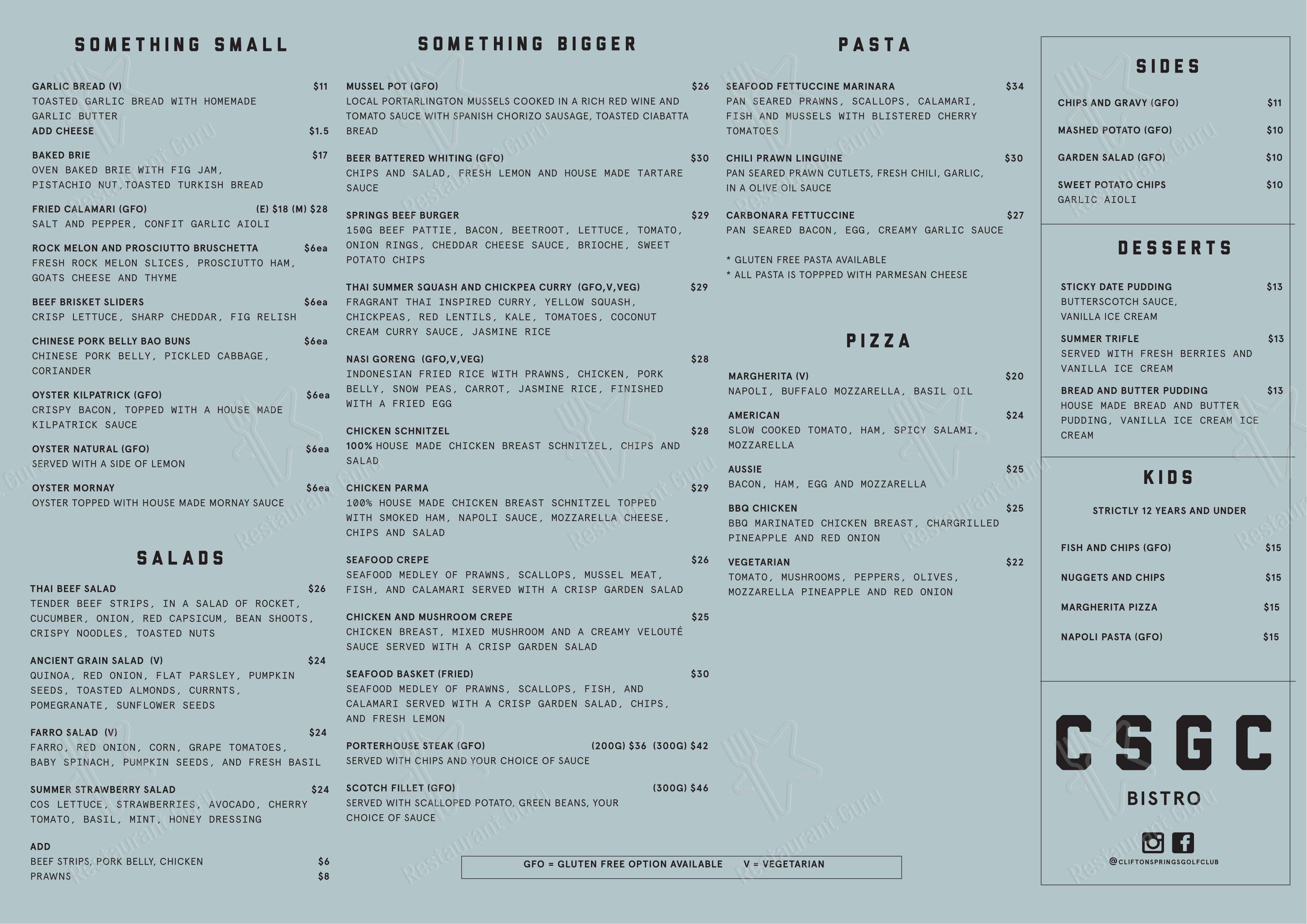 Menu at Clifton Springs Golf Club Bistro, Clifton Springs