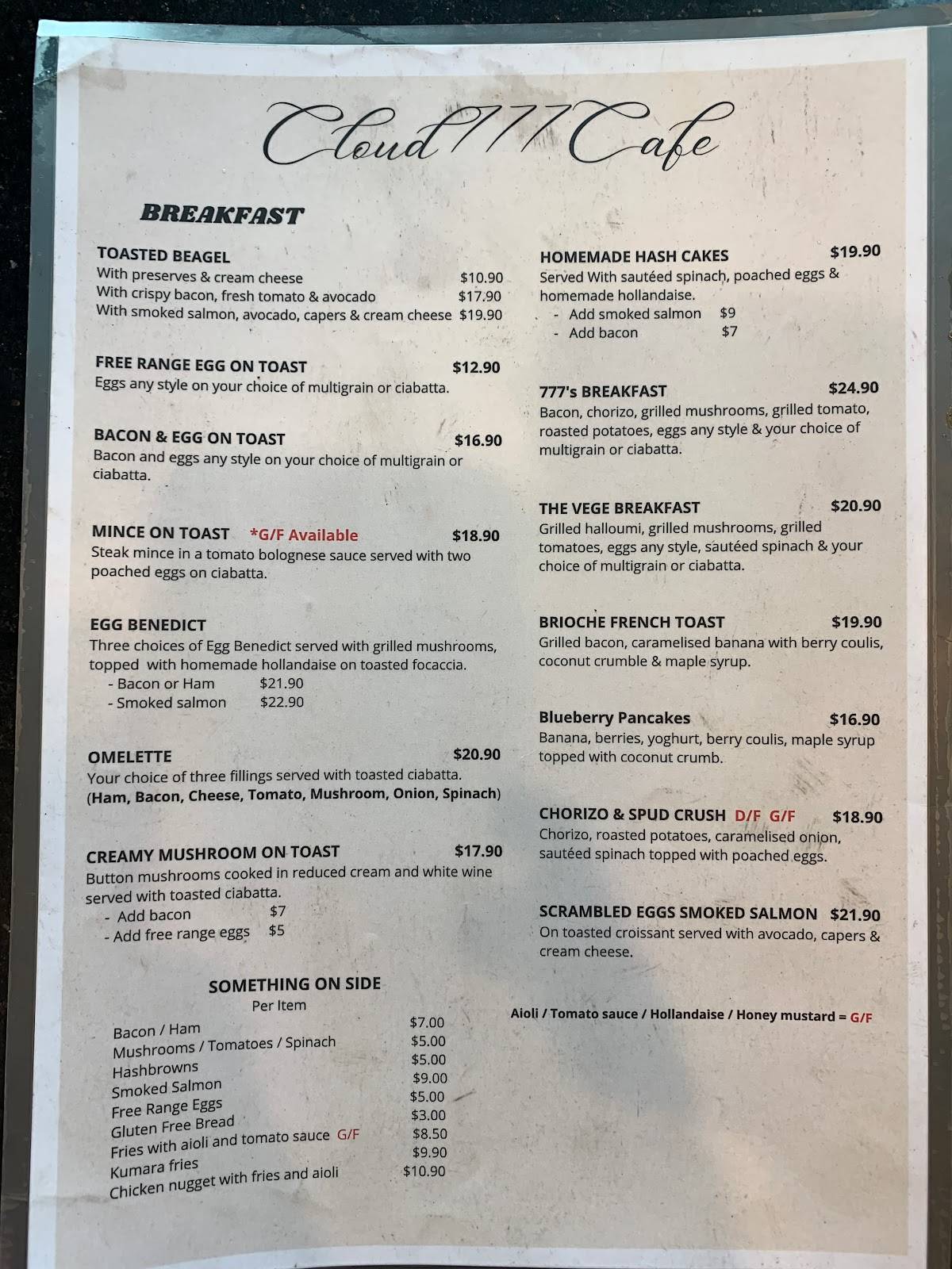 Menu at Cloud 777 Cafe, Auckland, 4 Clemow Dr