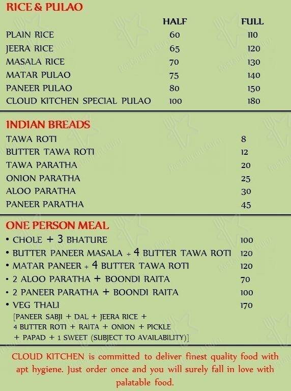 Menu at Cloud Kitchen, Bhopal, 182