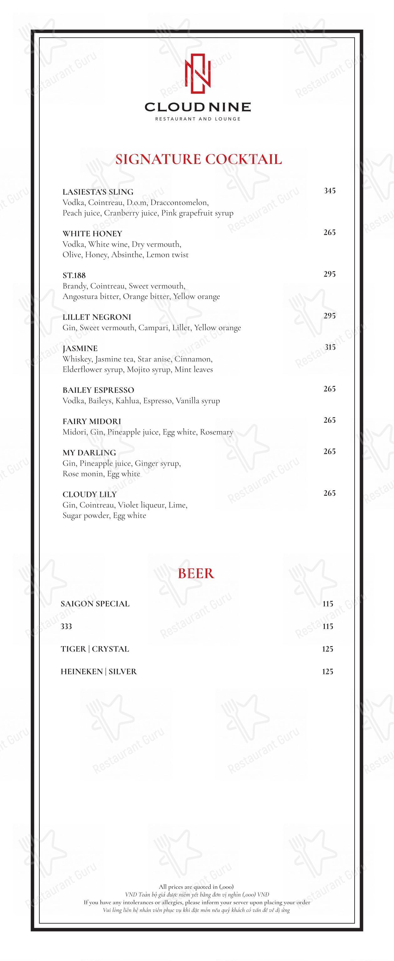 Menu at Cloud Nine Restaurant Sai Gon, Ho Chi Minh City