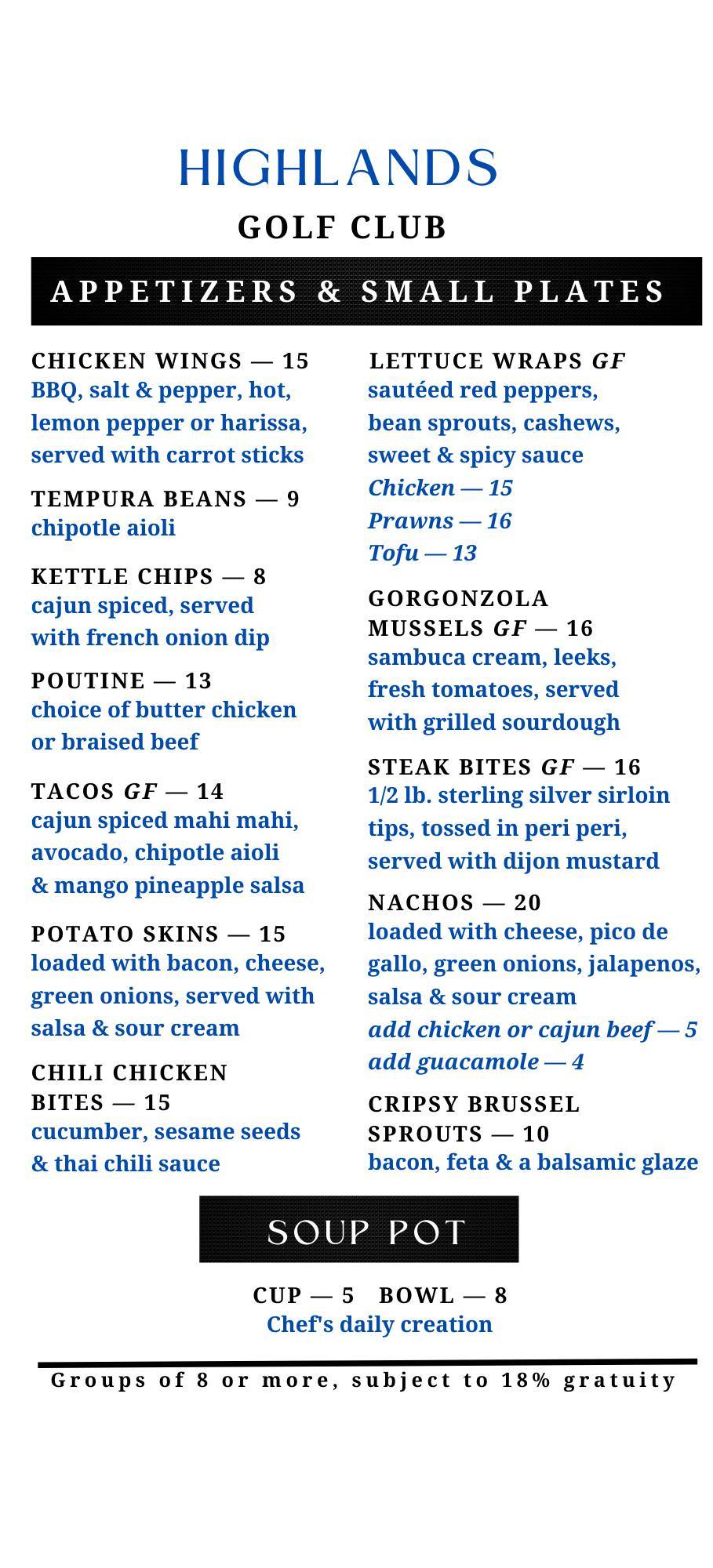 Menu at Highlands Golf Club, Edmonton