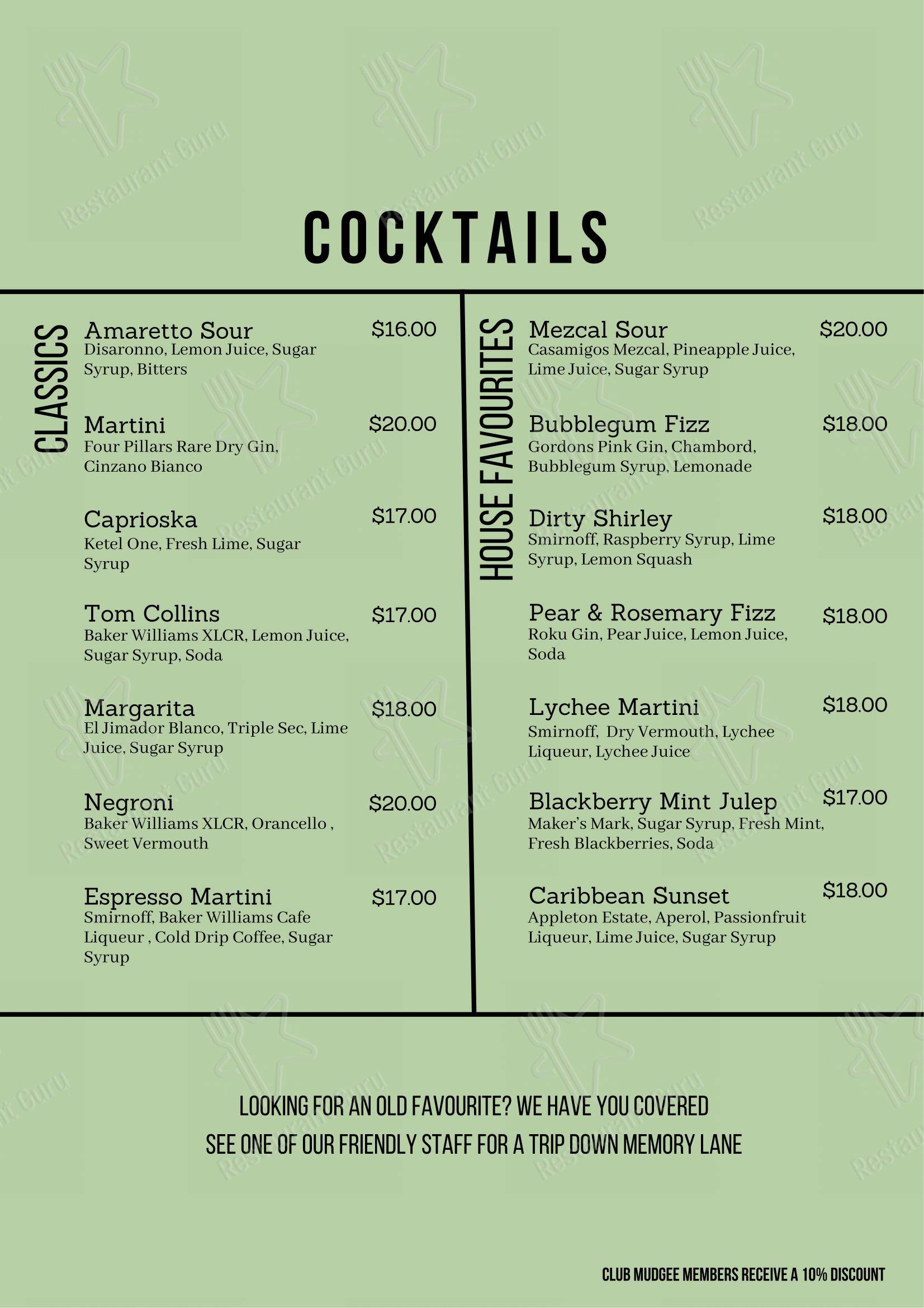 Menu at Club Mudgee, Mudgee