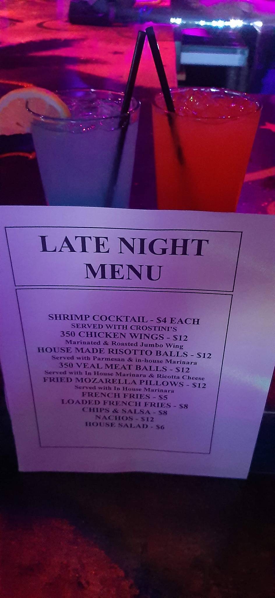 Menu at The X-Room club, Springfield