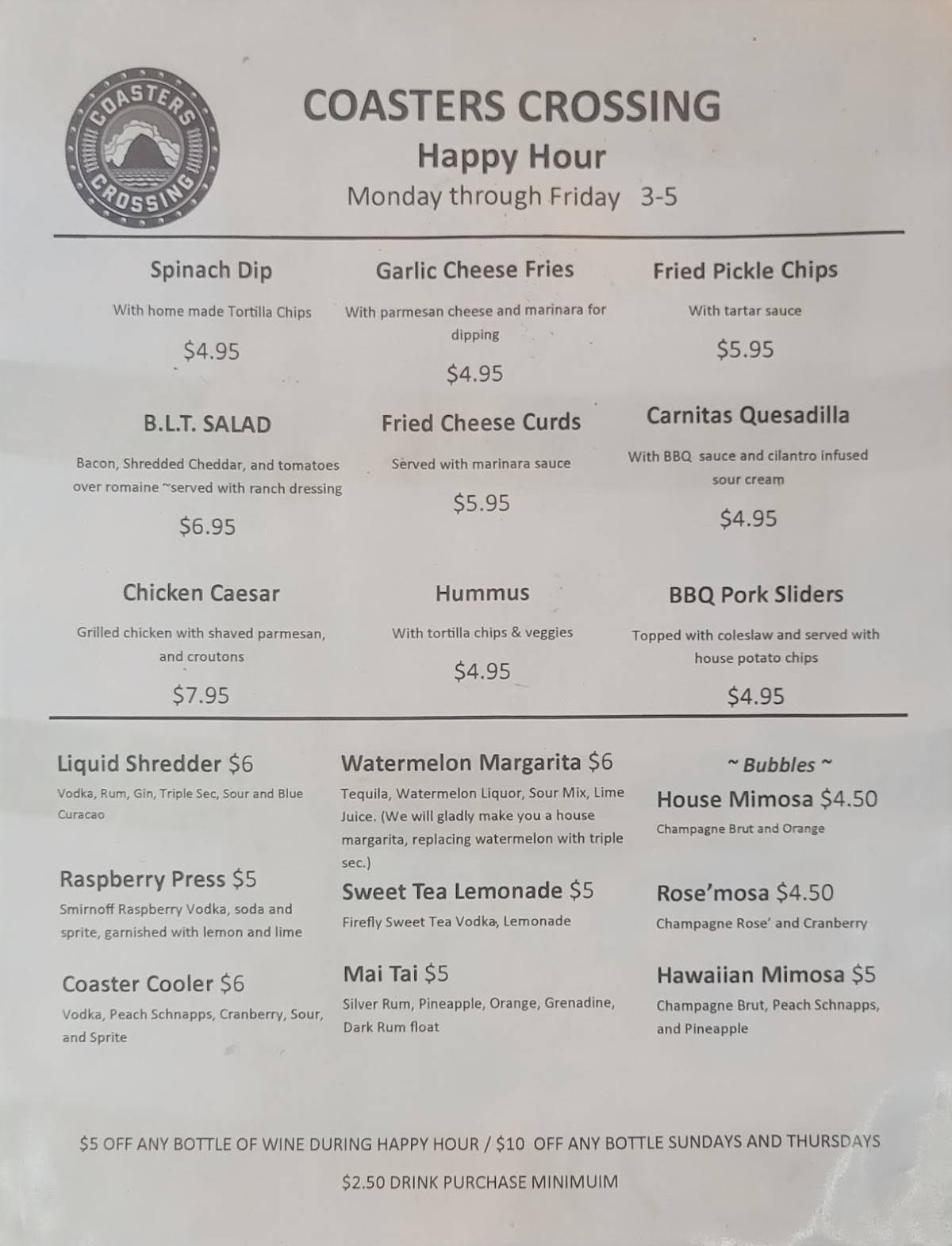 Menu at Coasters Crossing pub & bar, Oregon City