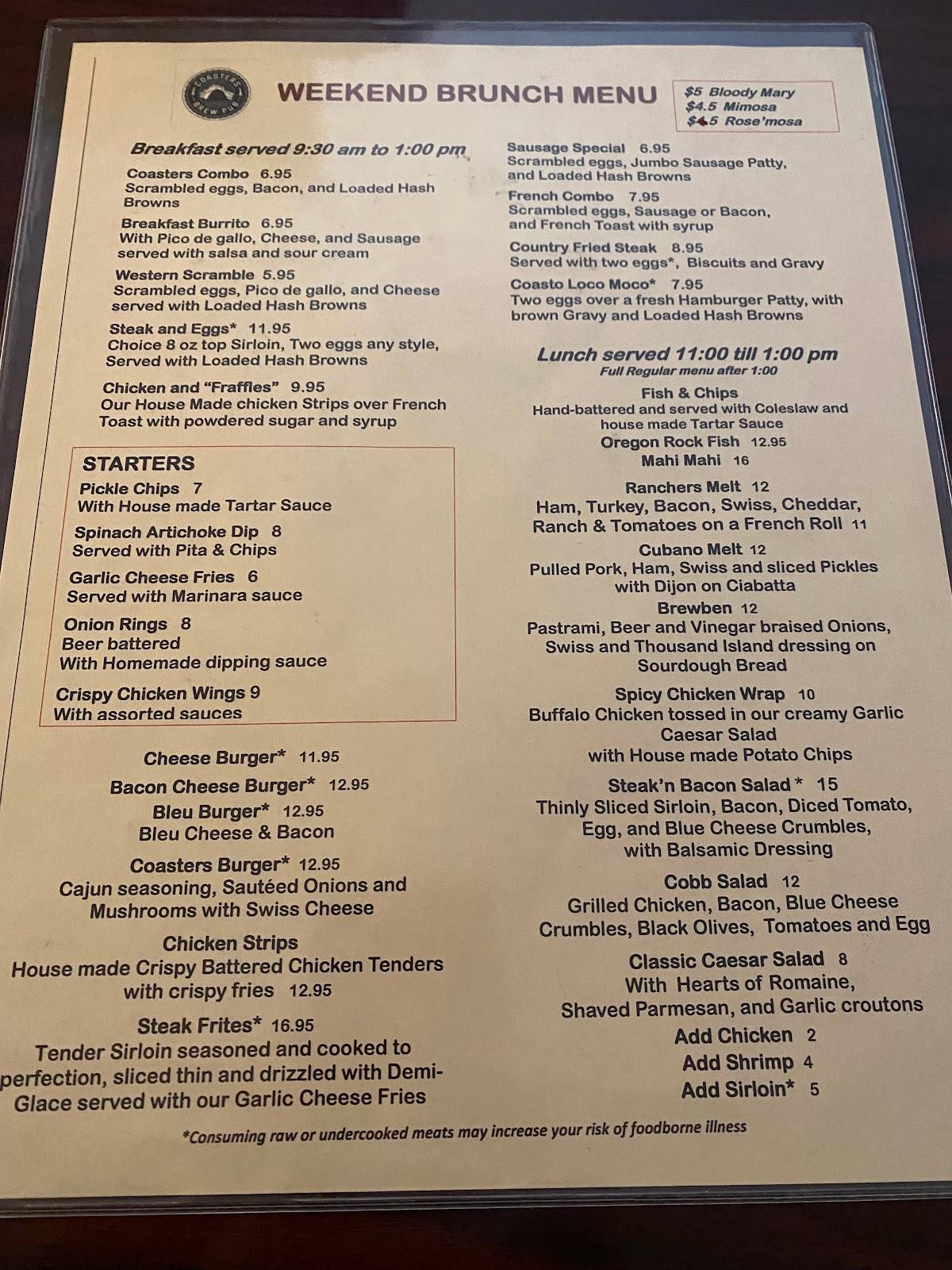 Menu at Coasters Crossing pub & bar, Oregon City