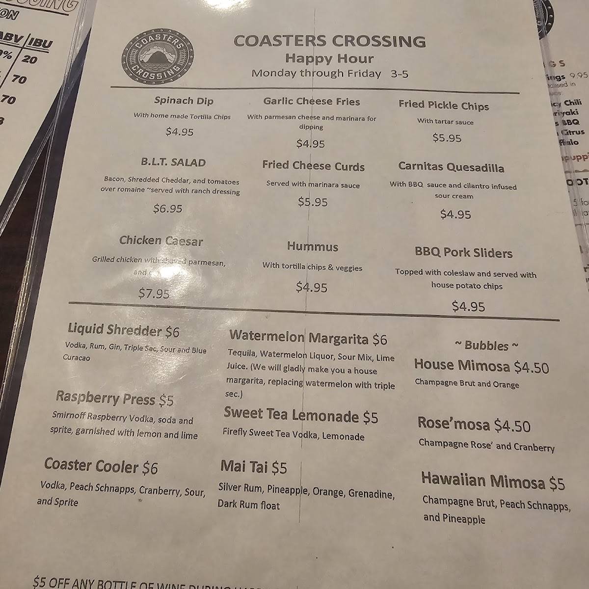 Menu at Coasters Crossing pub & bar, Oregon City