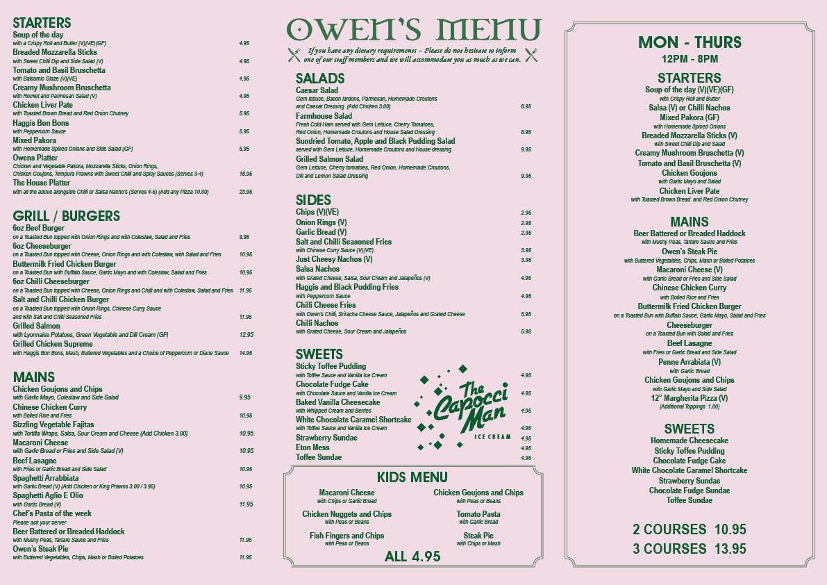 Menu at Owen's pub & bar, Coatbridge