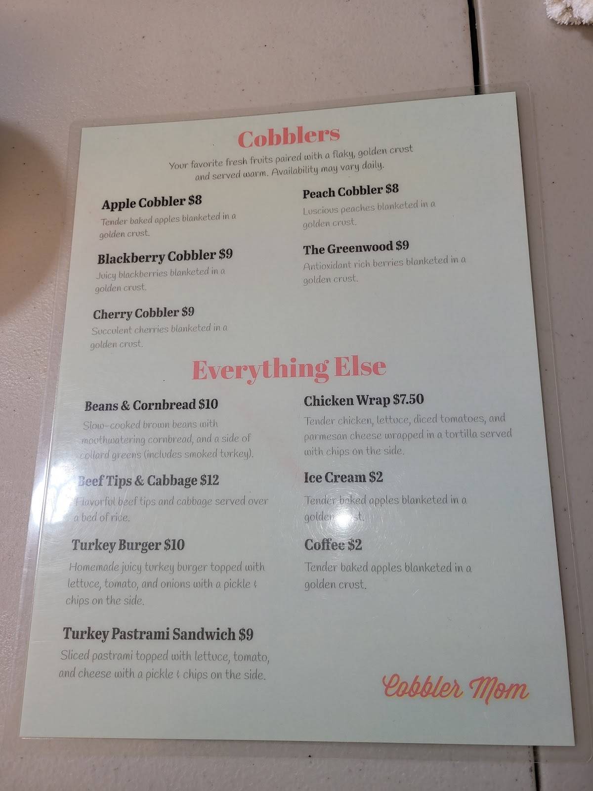 Menu at Cobbler Mom desserts, Tulsa