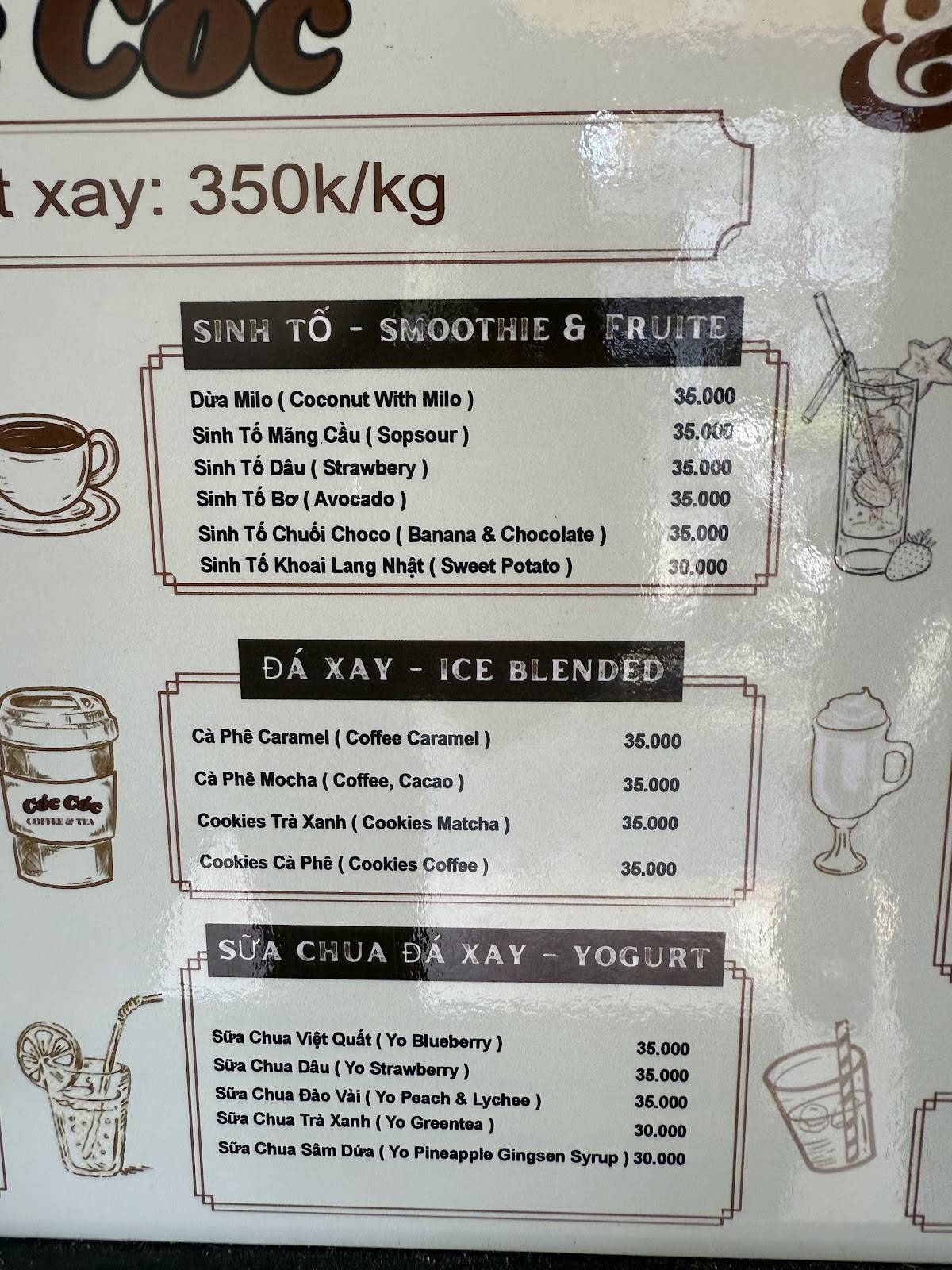 Menu at Cóc Cóc Coffee cafe, Vung Tau