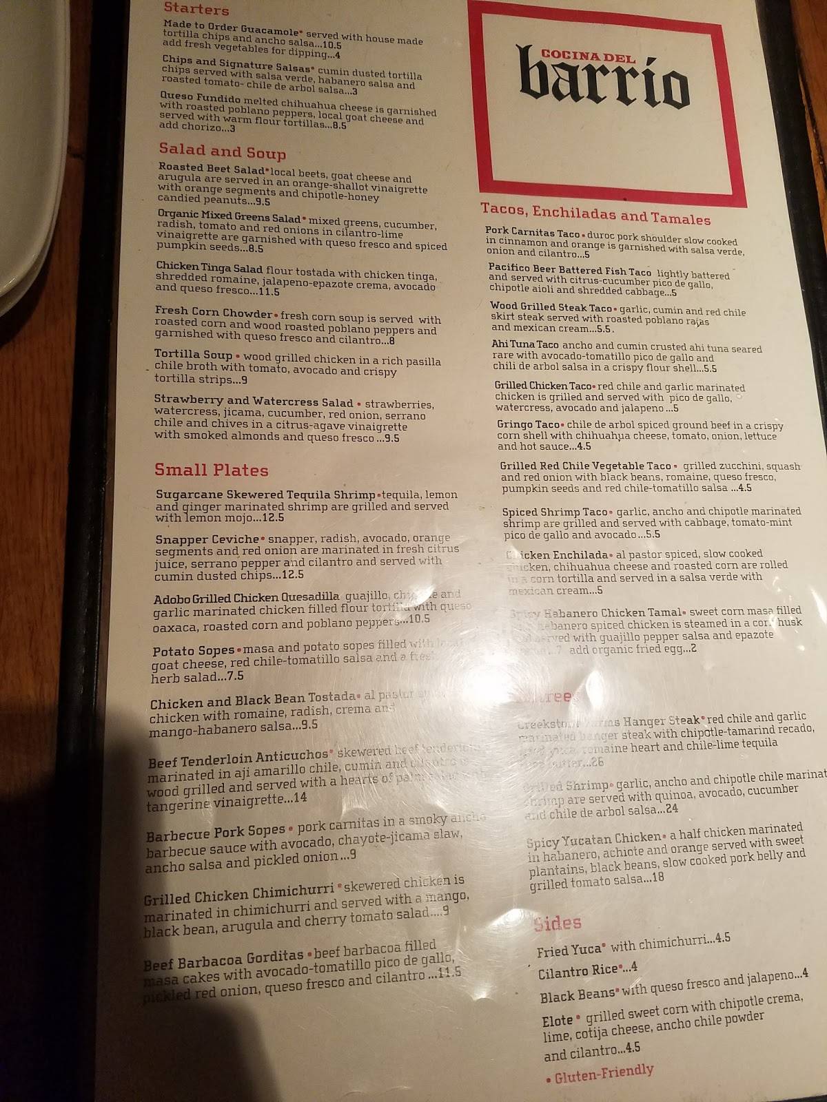 Menu at Cocina Del Barrio, Edina, France Ave S