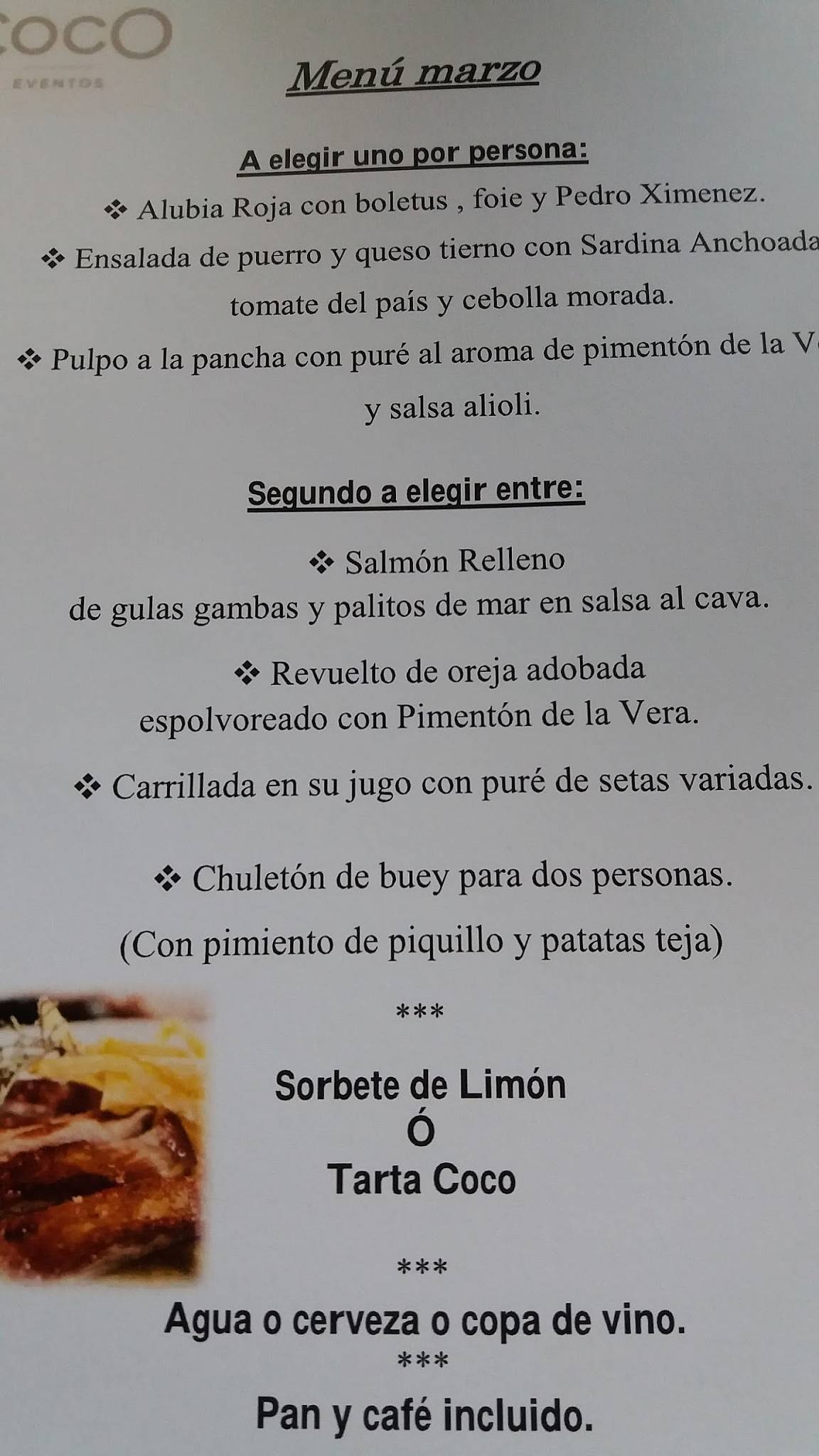 Carta de Coco Restaurante, Cardeñajimeno