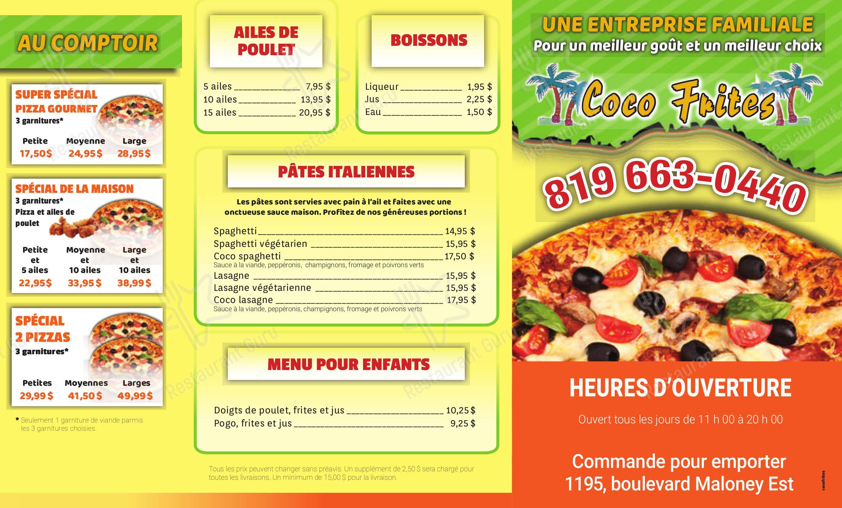 Menu au Coco Frites pub et bar, Gatineau