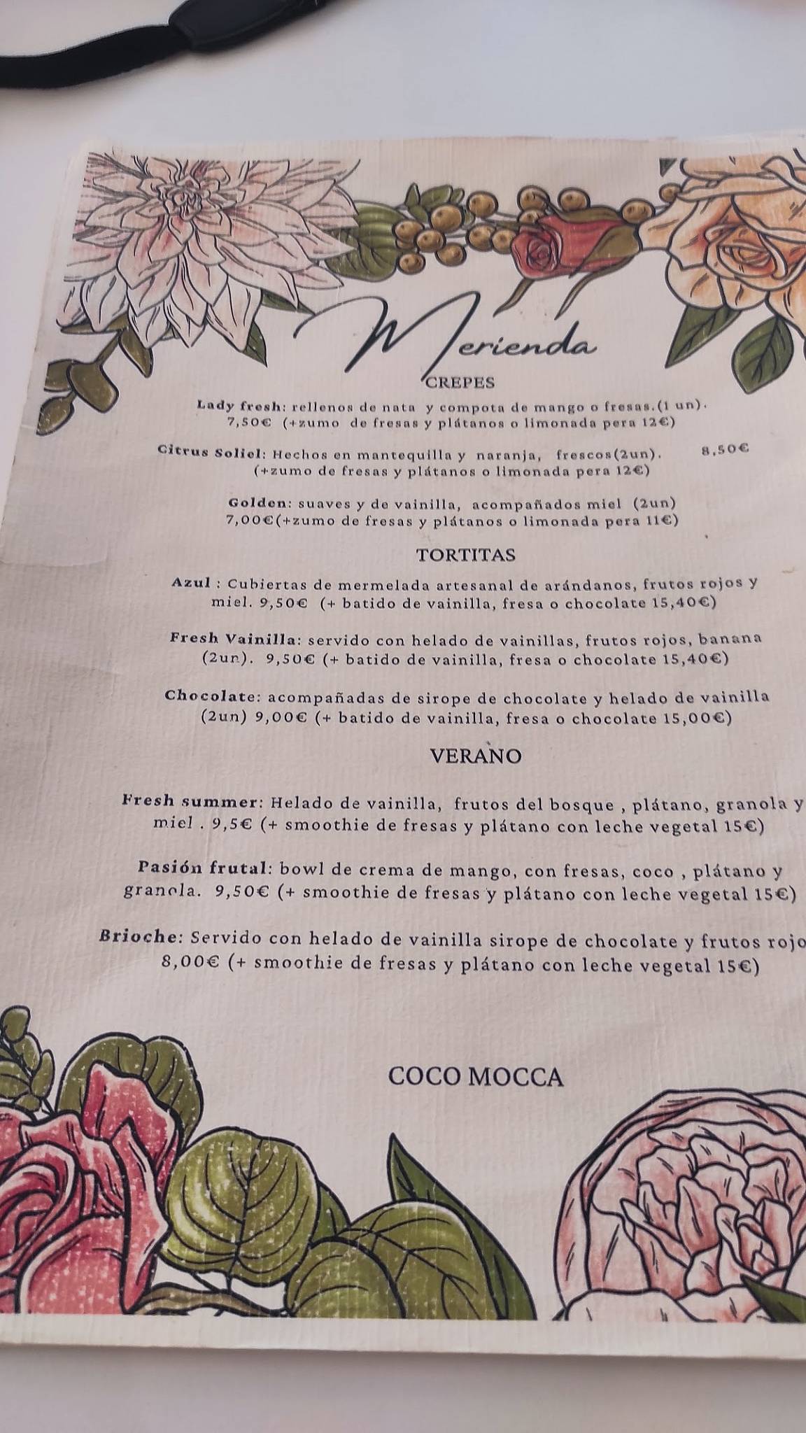 Carta de cafetería Coco Mocca, Madrid