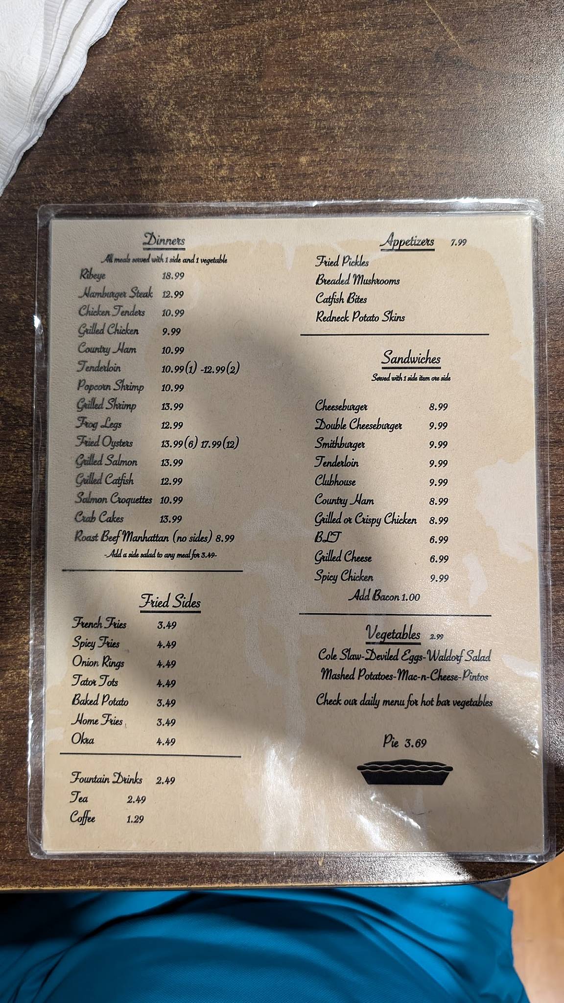 Menu at Coe's Steak House restaurant, Russell Springs, Lakeway Dr