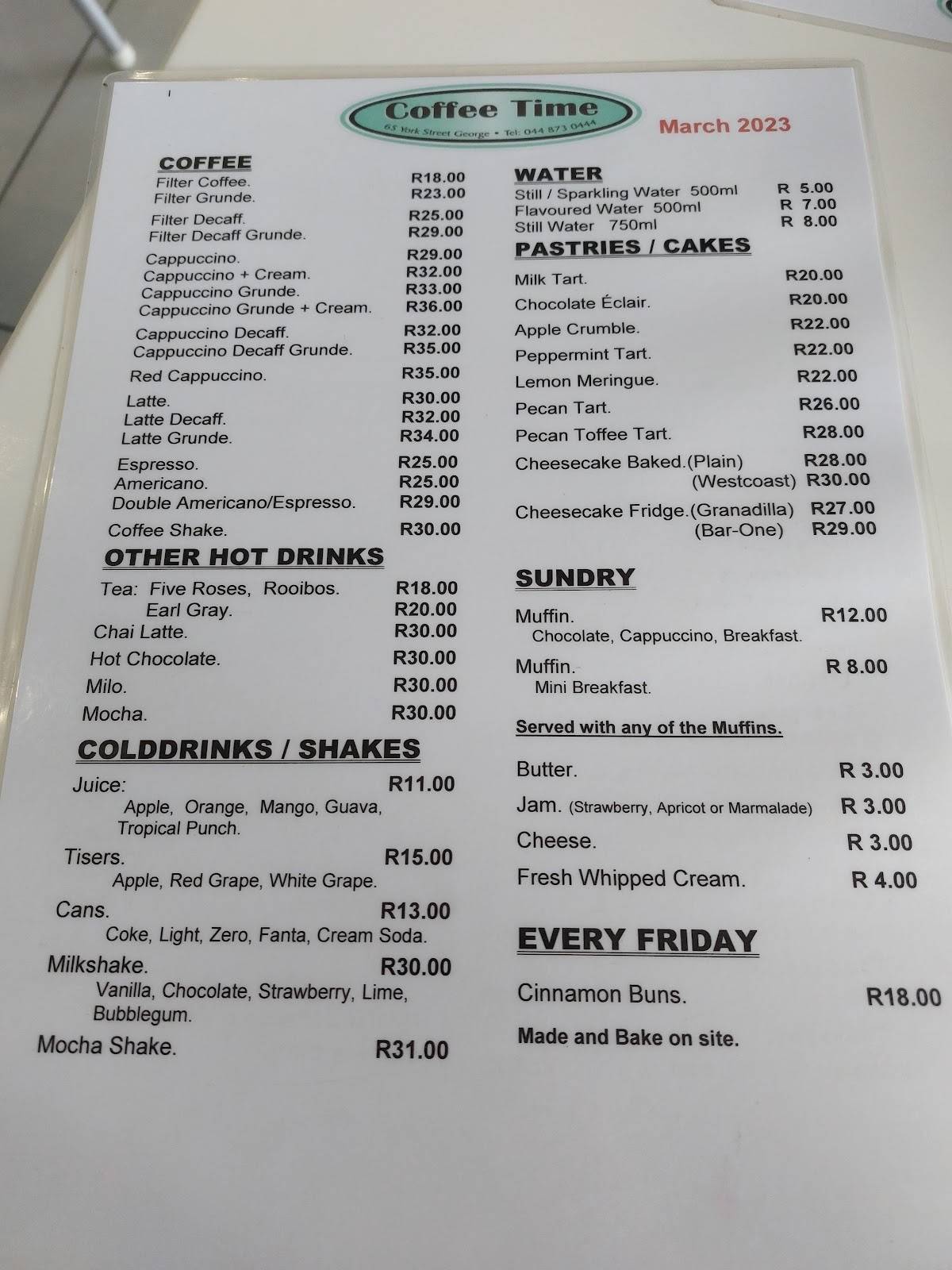 Menu at Coffee Time cafe, George, 65 York St