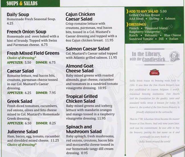 Menu at Colonel Mustard's Pub & Grill, Port Perry