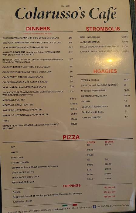 Menu at Colarusso's Cafe, Avoca, 725 Main St