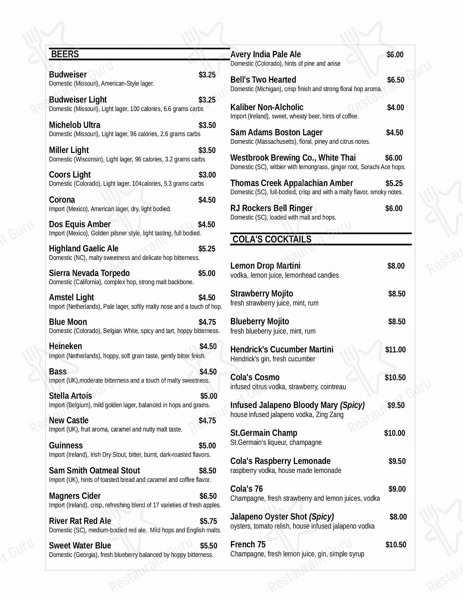 Menu at Cola's Restaurant, Columbia