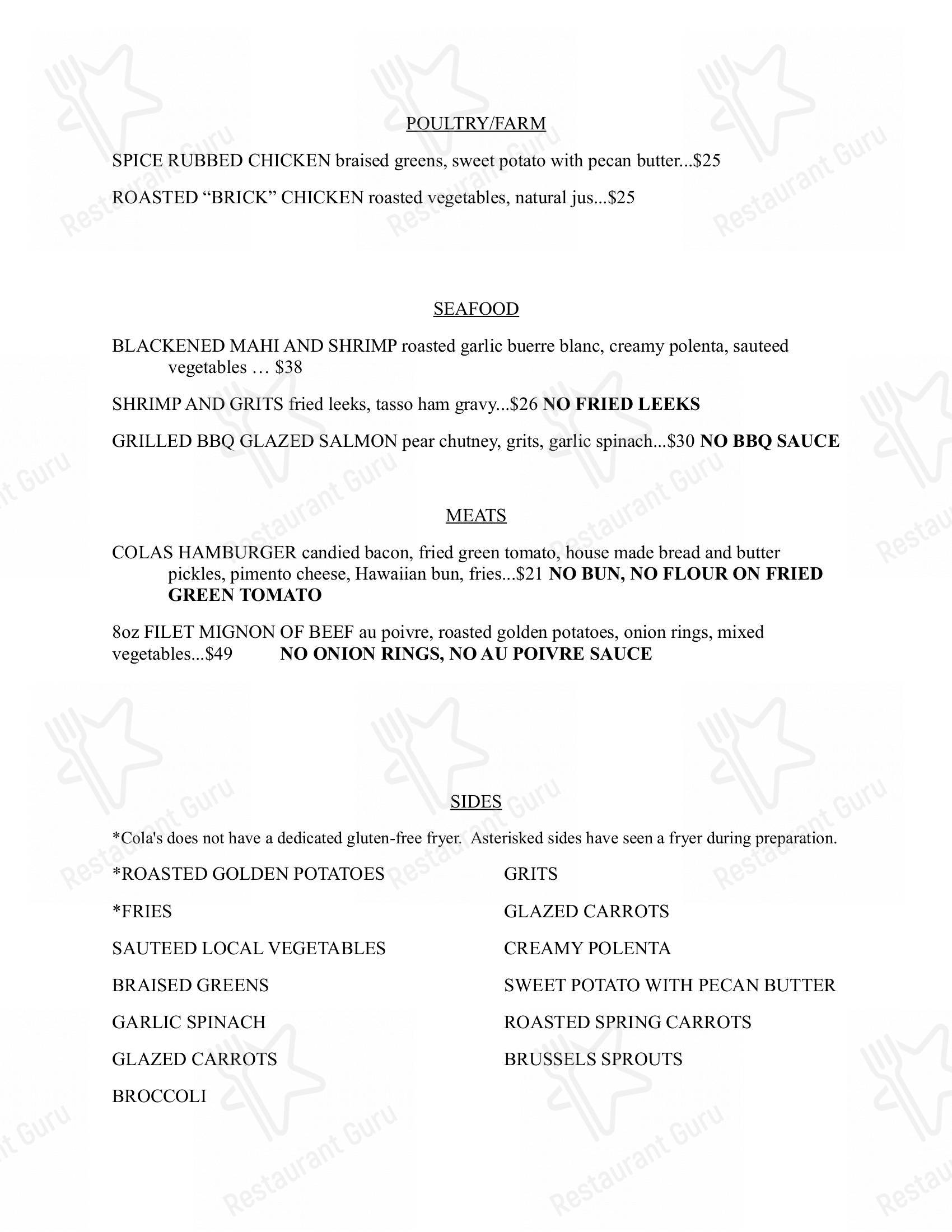 Menu at Cola's Restaurant, Columbia