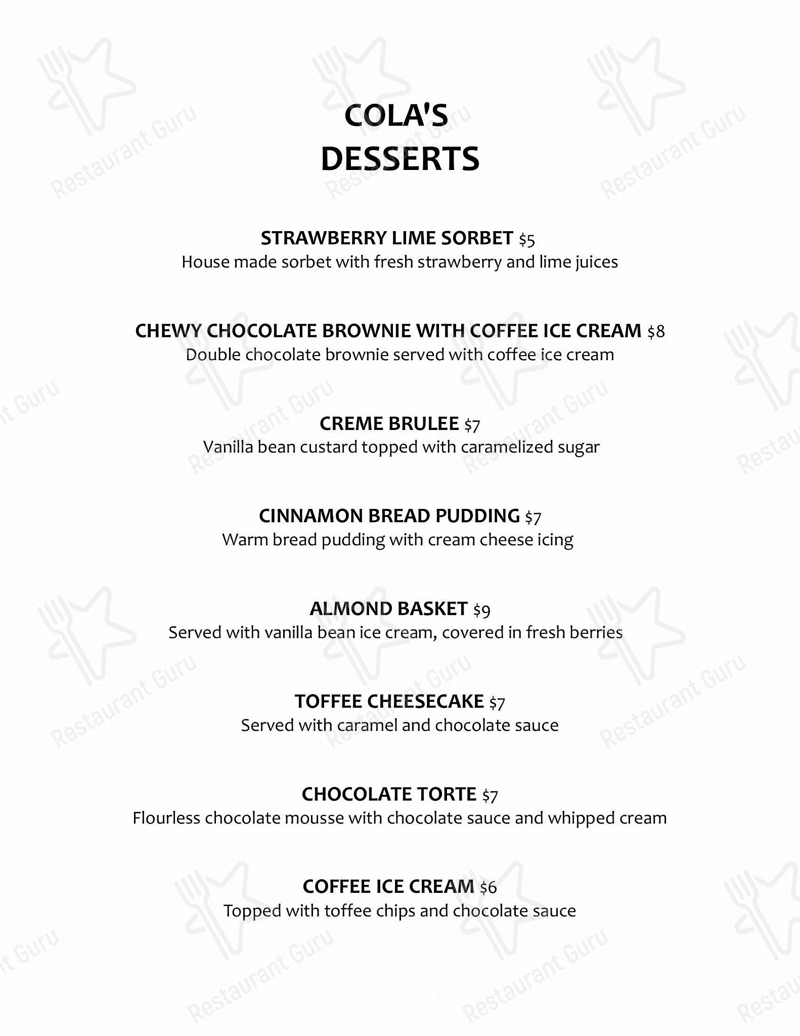 Menu at Cola's Restaurant, Columbia